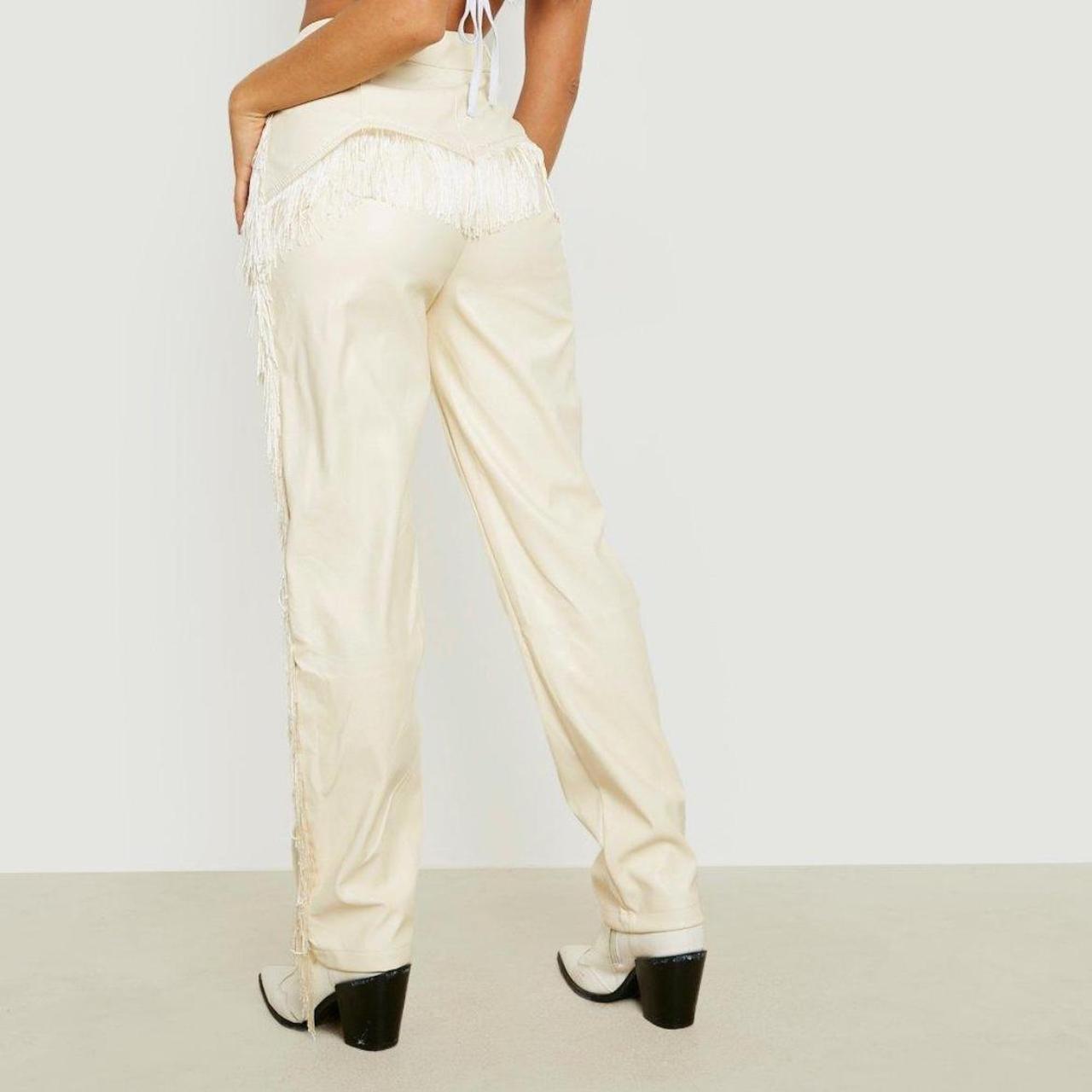 Brand new boohoo cream leather pants with fringe - Depop