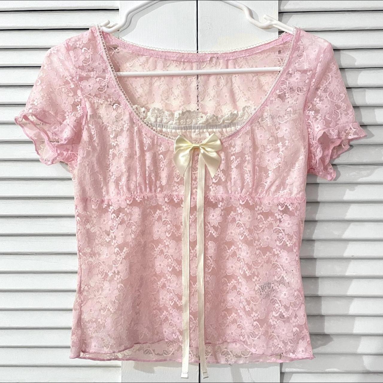 Pink coquette lace bow top Super cute pink lace... - Depop