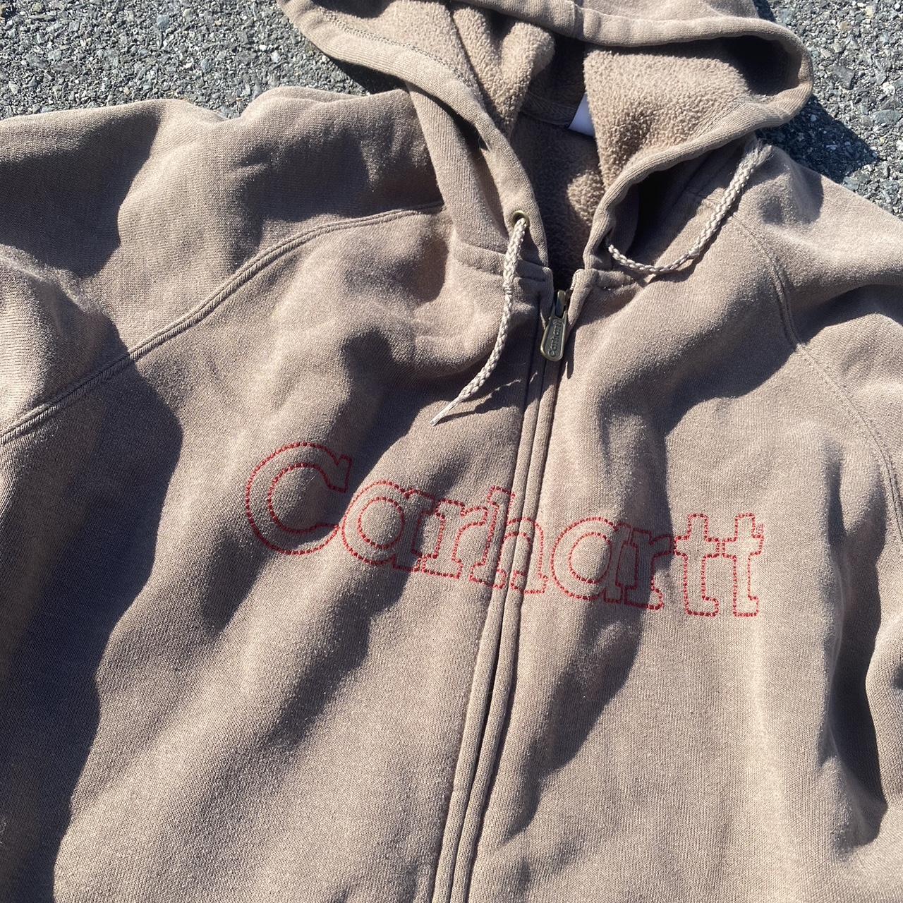 medium women’s brown carhartt zip up hoodie spellout - Depop