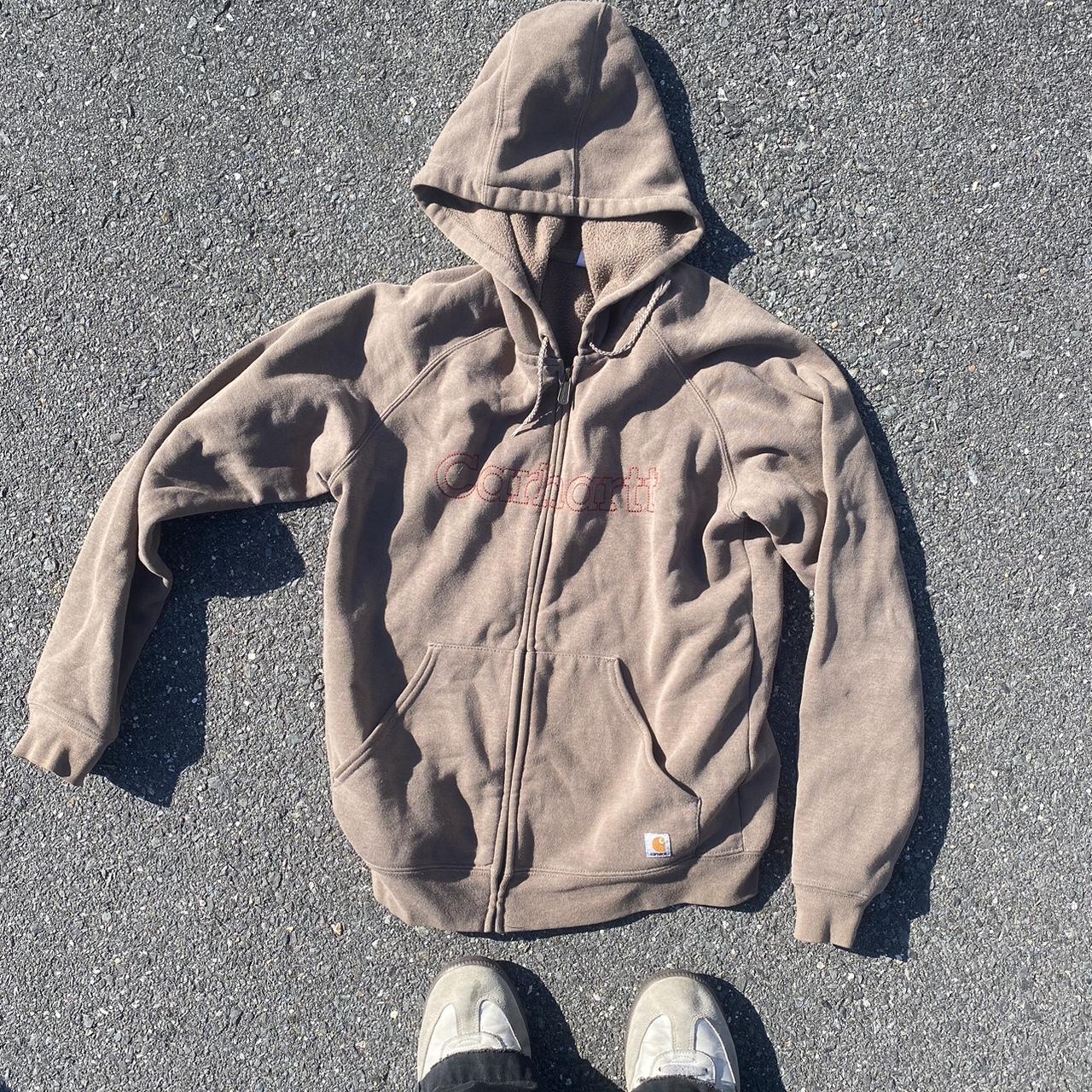 medium women’s brown carhartt zip up hoodie spellout - Depop