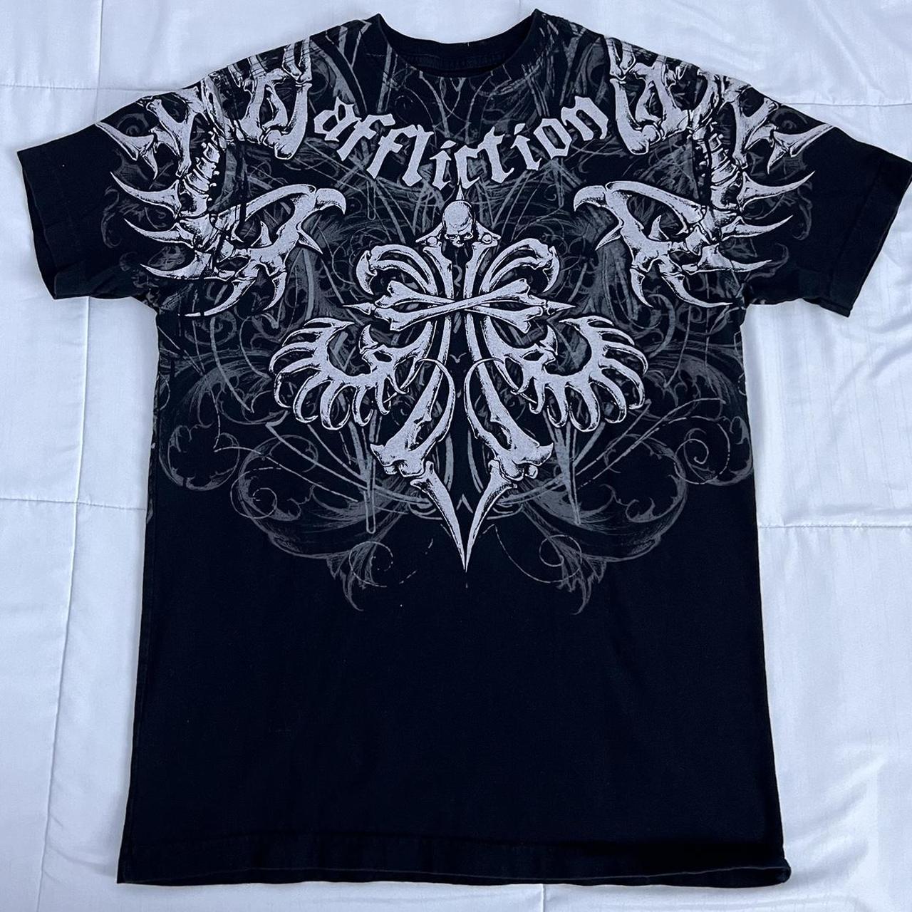 Affliction All Over Print Grunge Skull Shirt Tagged... - Depop