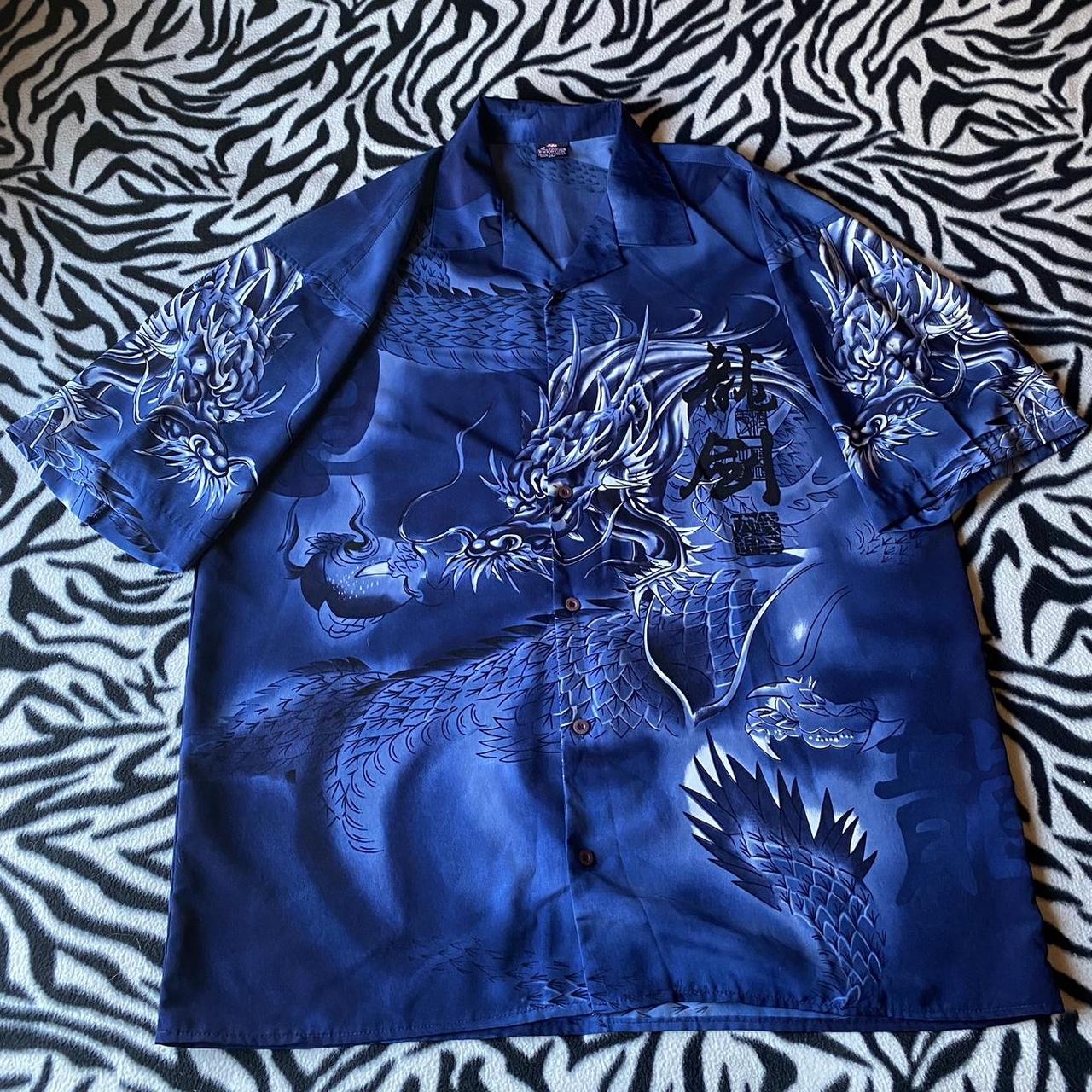 Insane 2000s dragon all over print button up size xl... - Depop