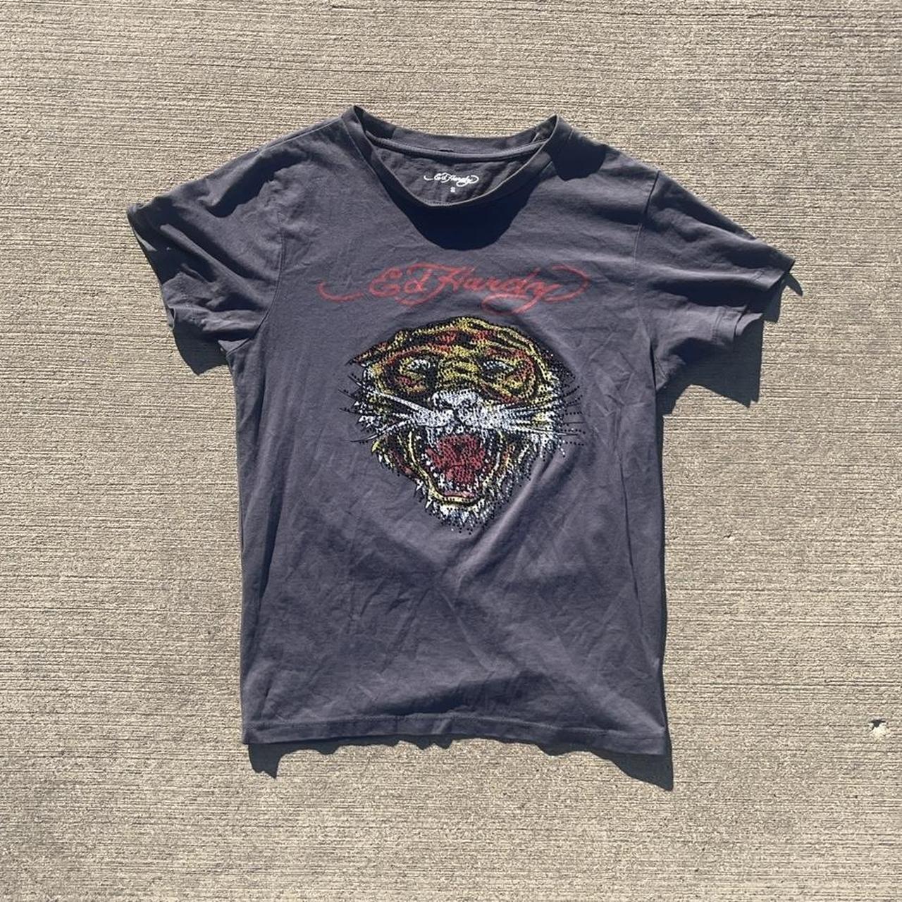 Ed Hardy Grey Tiger Graphic Tee Bedazzled Size - S... | Depop