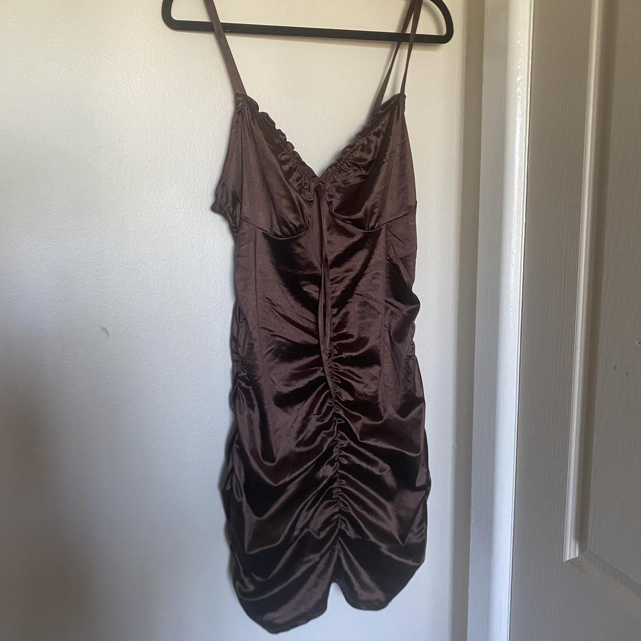 Brown Ruched Satin Mini Dress - Depop