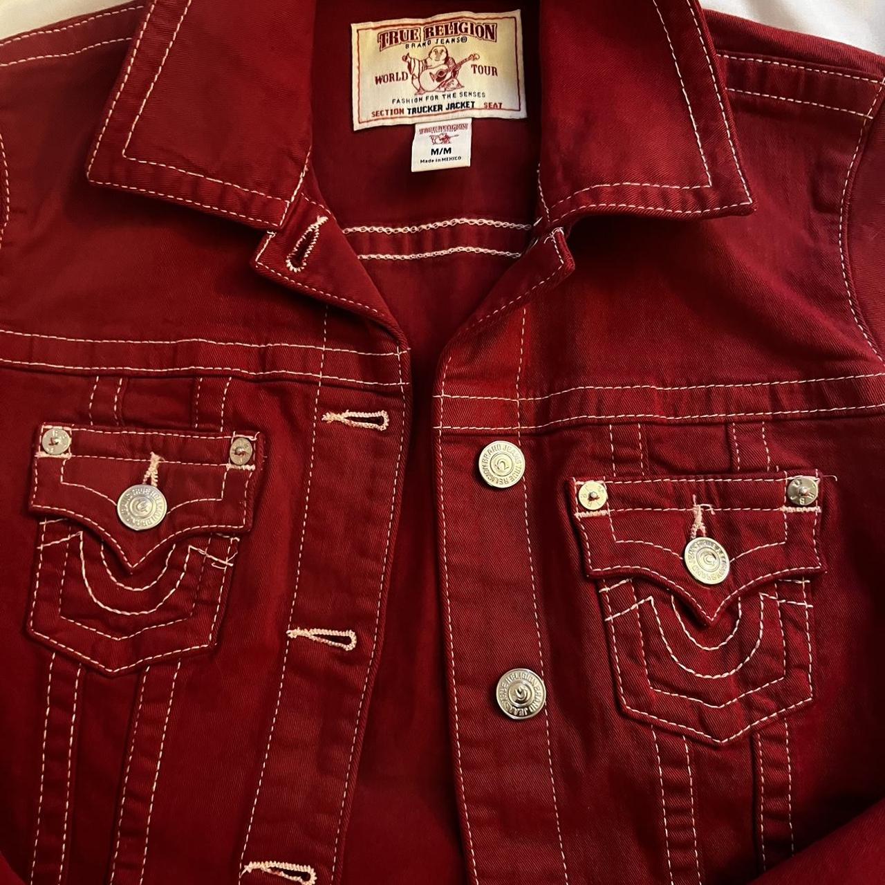 True Religion Red Denim Jacket Size: Medium... - Depop