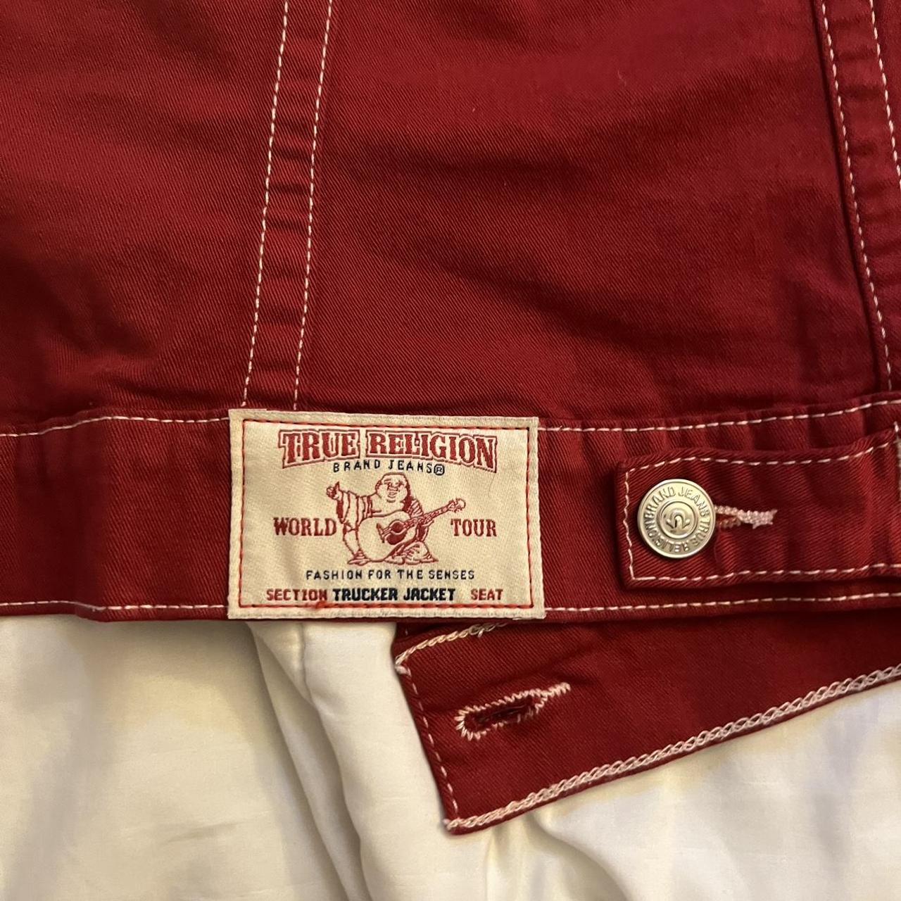 True Religion Red Denim Jacket Size: Medium... - Depop