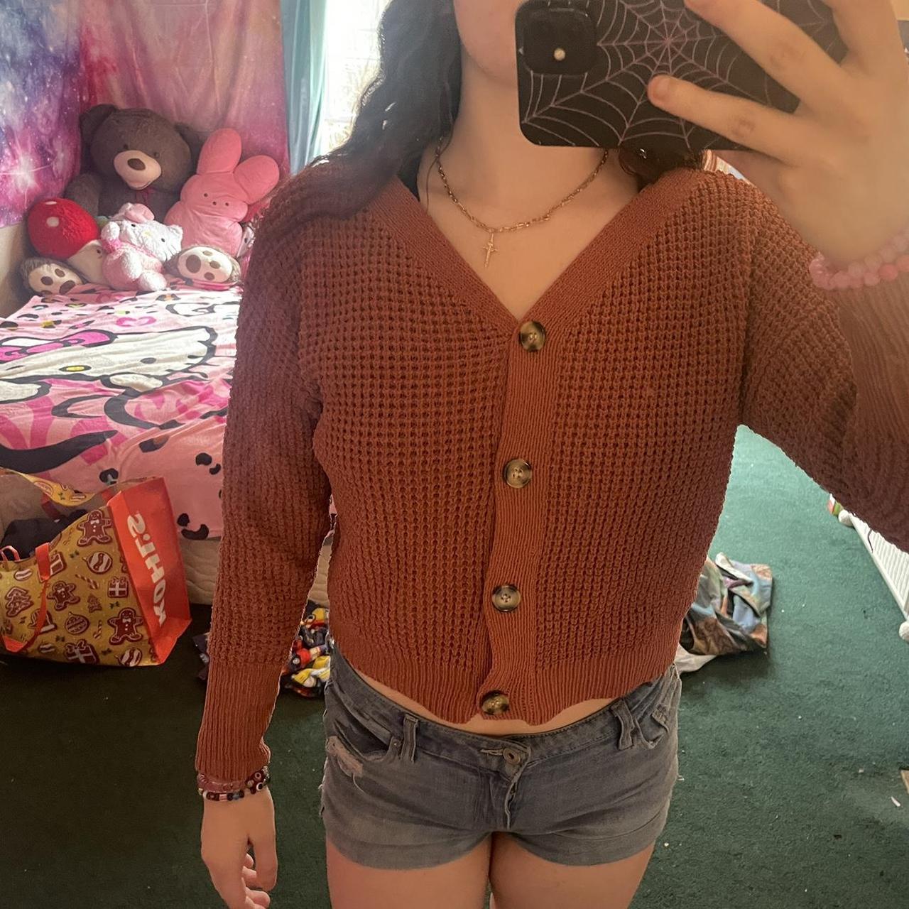 brown cropped sweater with buttons - Depop