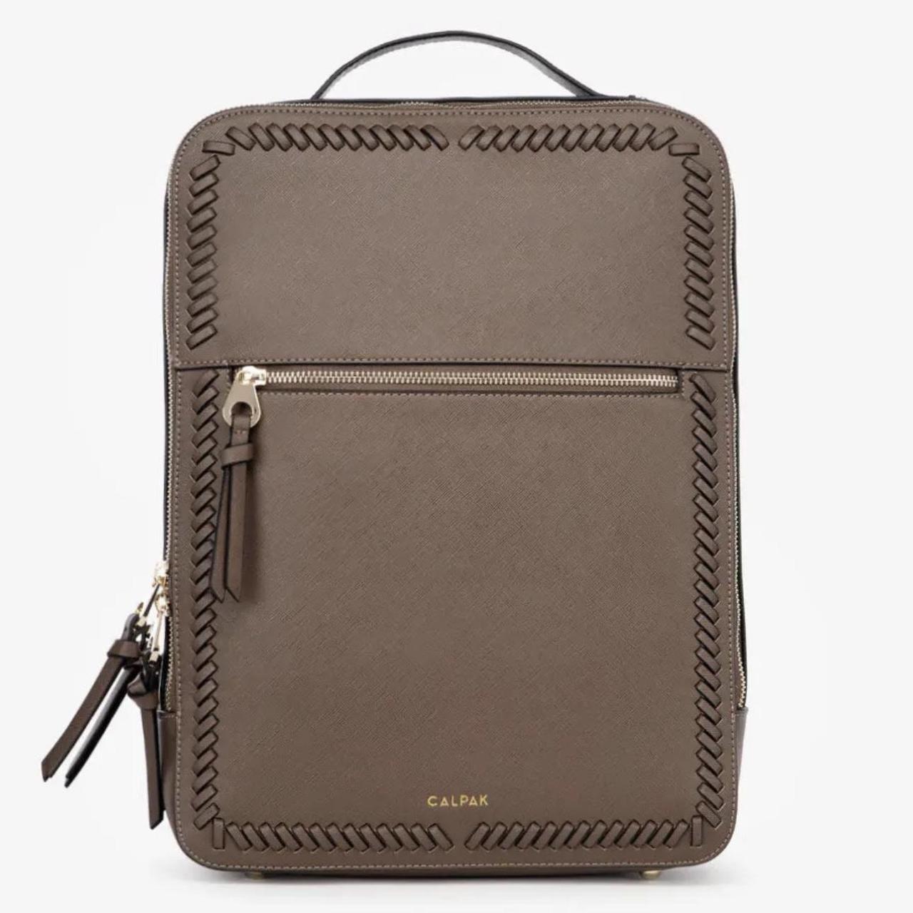 Calpak Brown leather laptop backpack with gold... | Depop