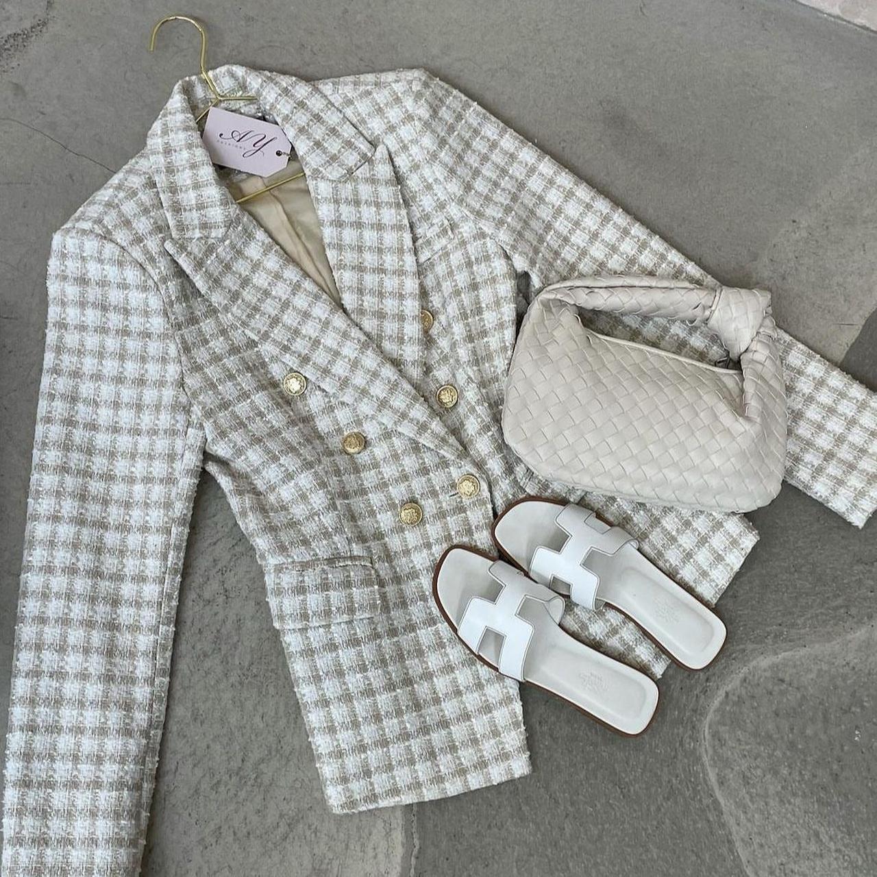 Tweed Blazer in Cream Check Amazing quality - Gold... - Depop