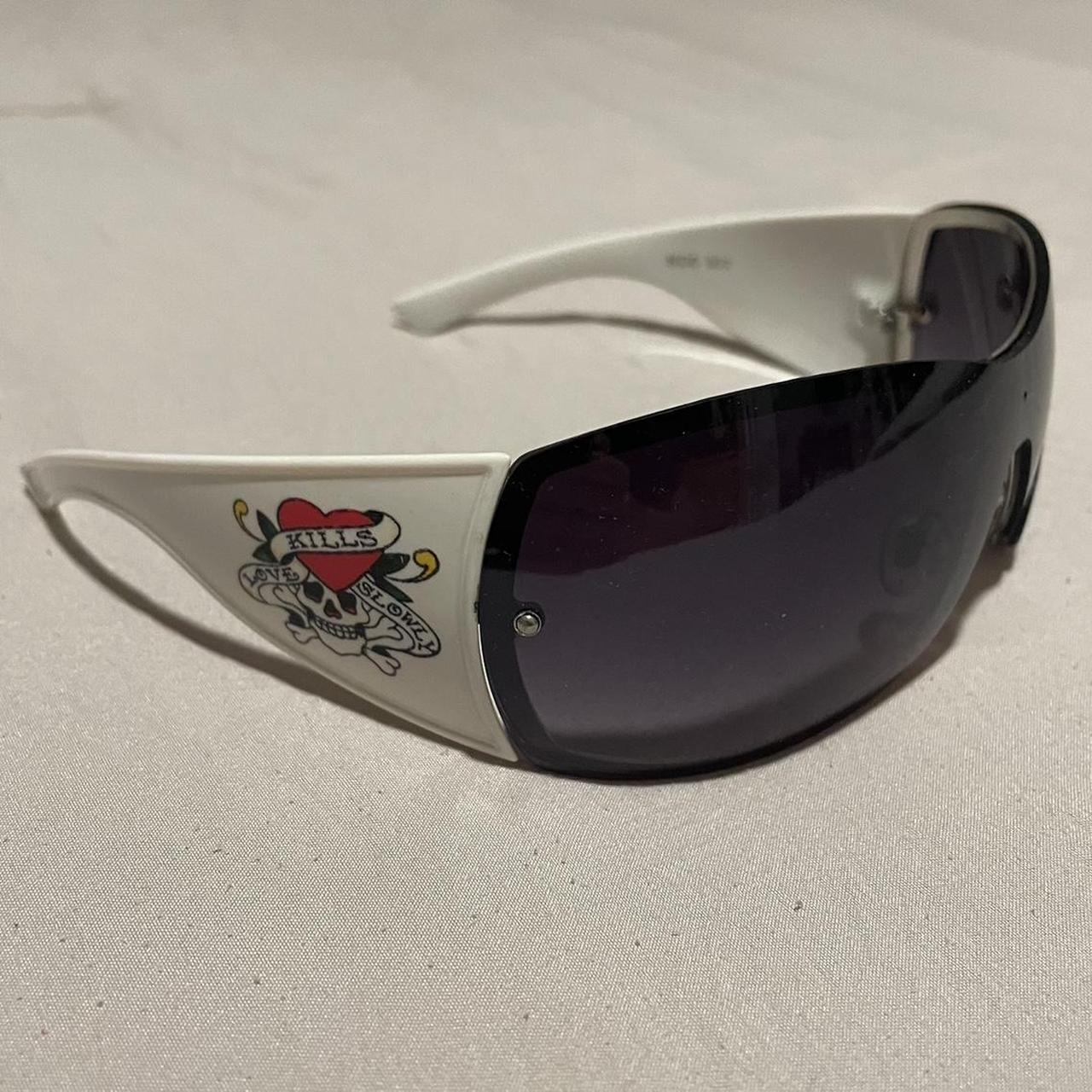 2000s black and white Ed hardy sunglasses with skull... - Depop