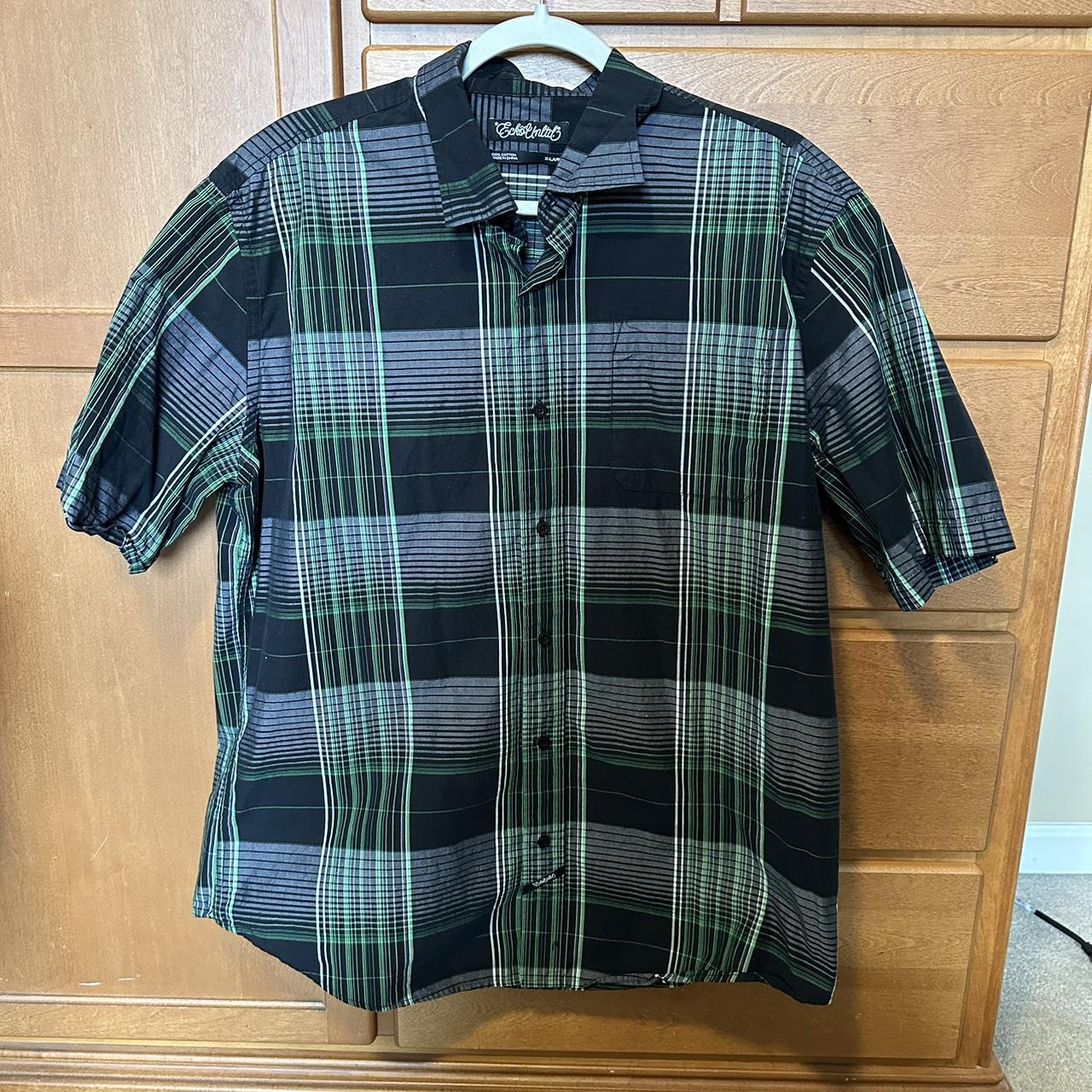 Ecko UNLTD Green & Black Plaid Button Up Short... - Depop