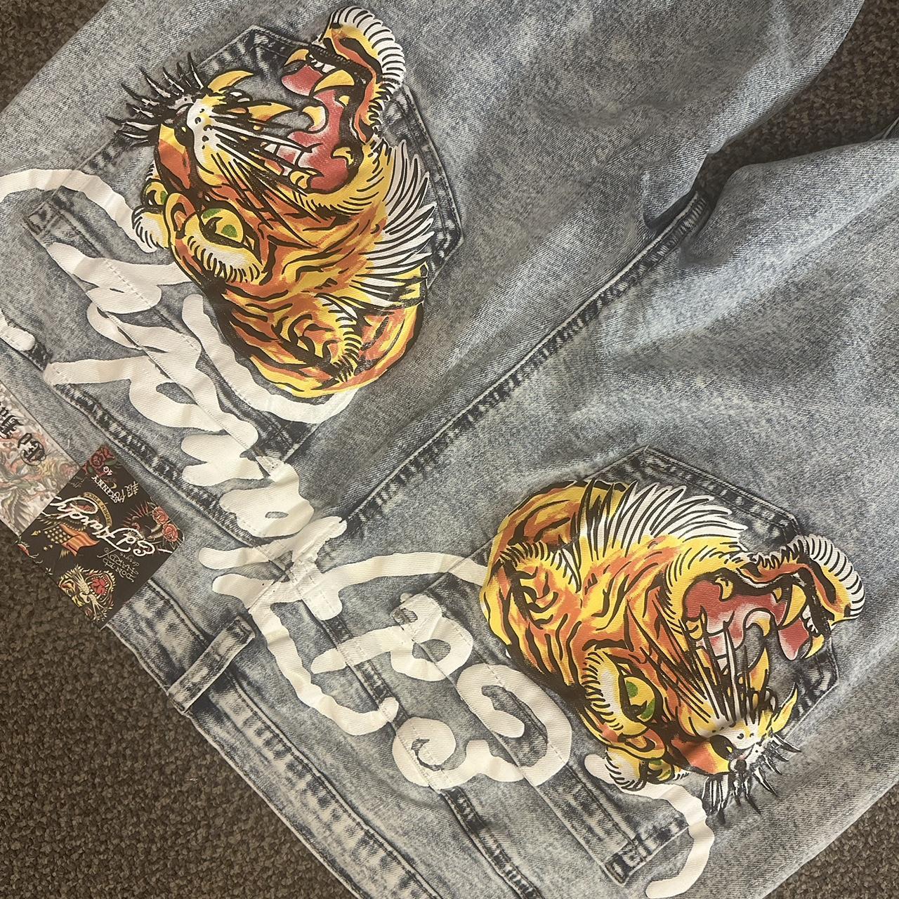 Ed Hardy crazy tiger grey blue white jeans brand new... - Depop