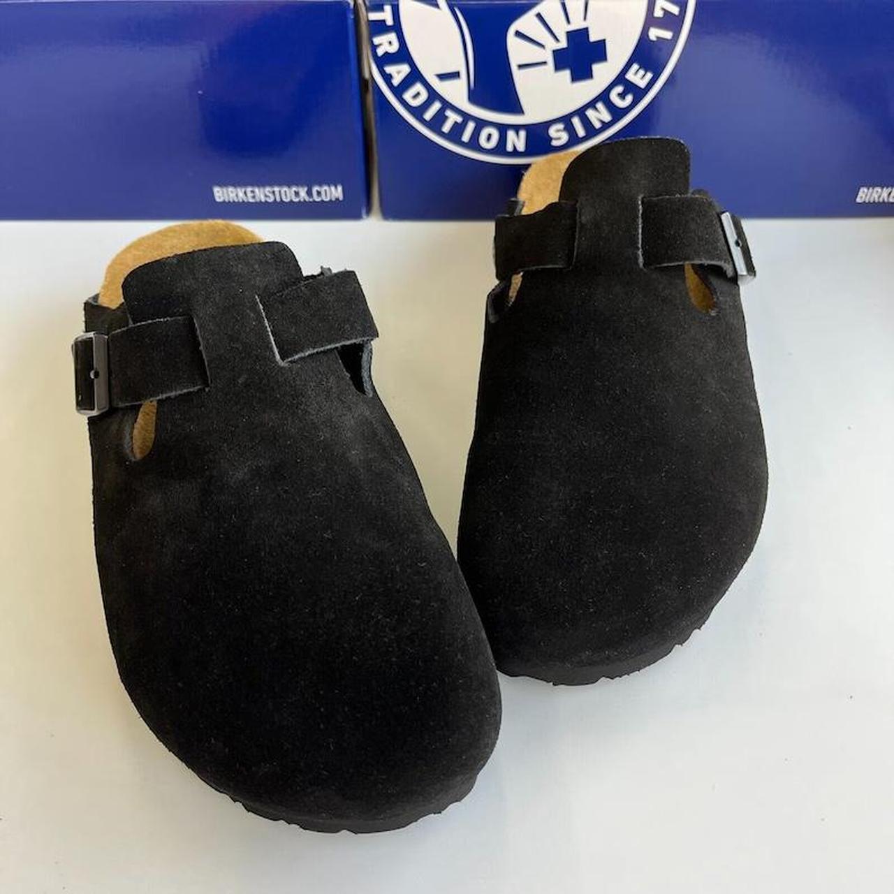 Birkenstock Boston black suede clogs with buckle... - Depop