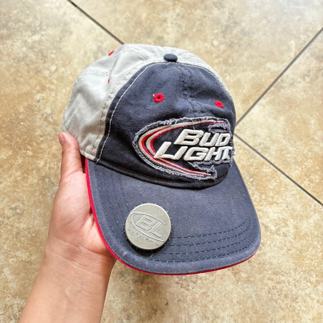 Navy and red bud light cap with metal bottle opener.... | Depop