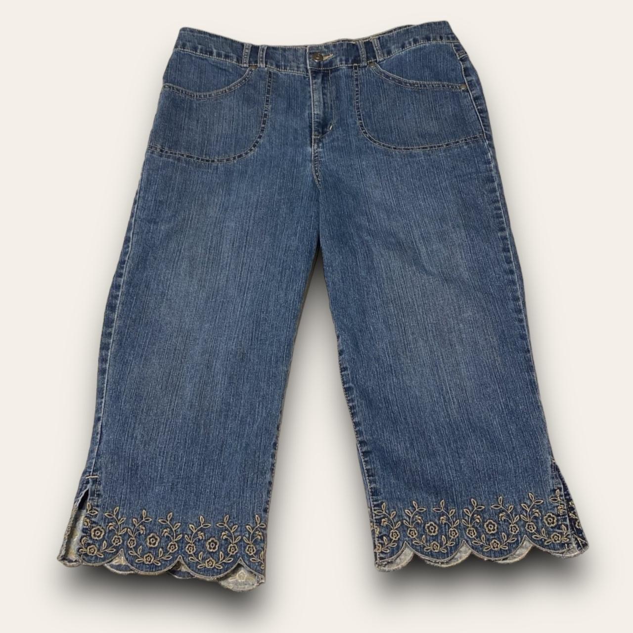 floral embroidered denim capris 🐛🌻 • coastal... - Depop