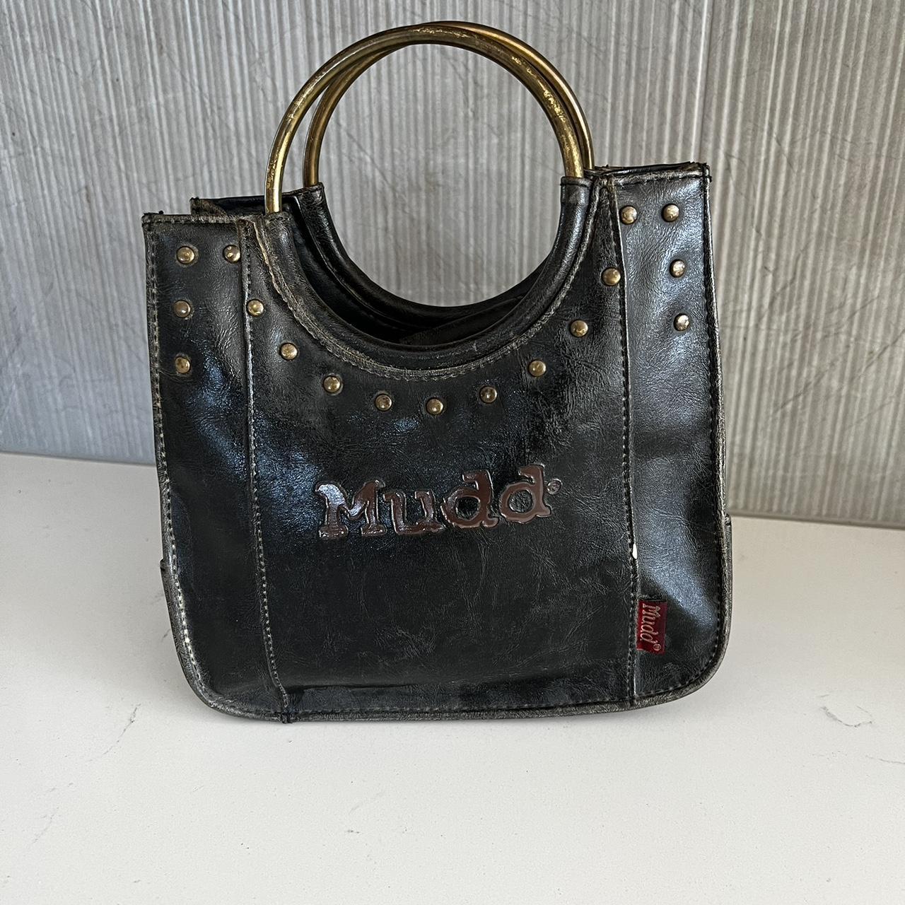 Mudd black and gold leather baguette with gold... - Depop