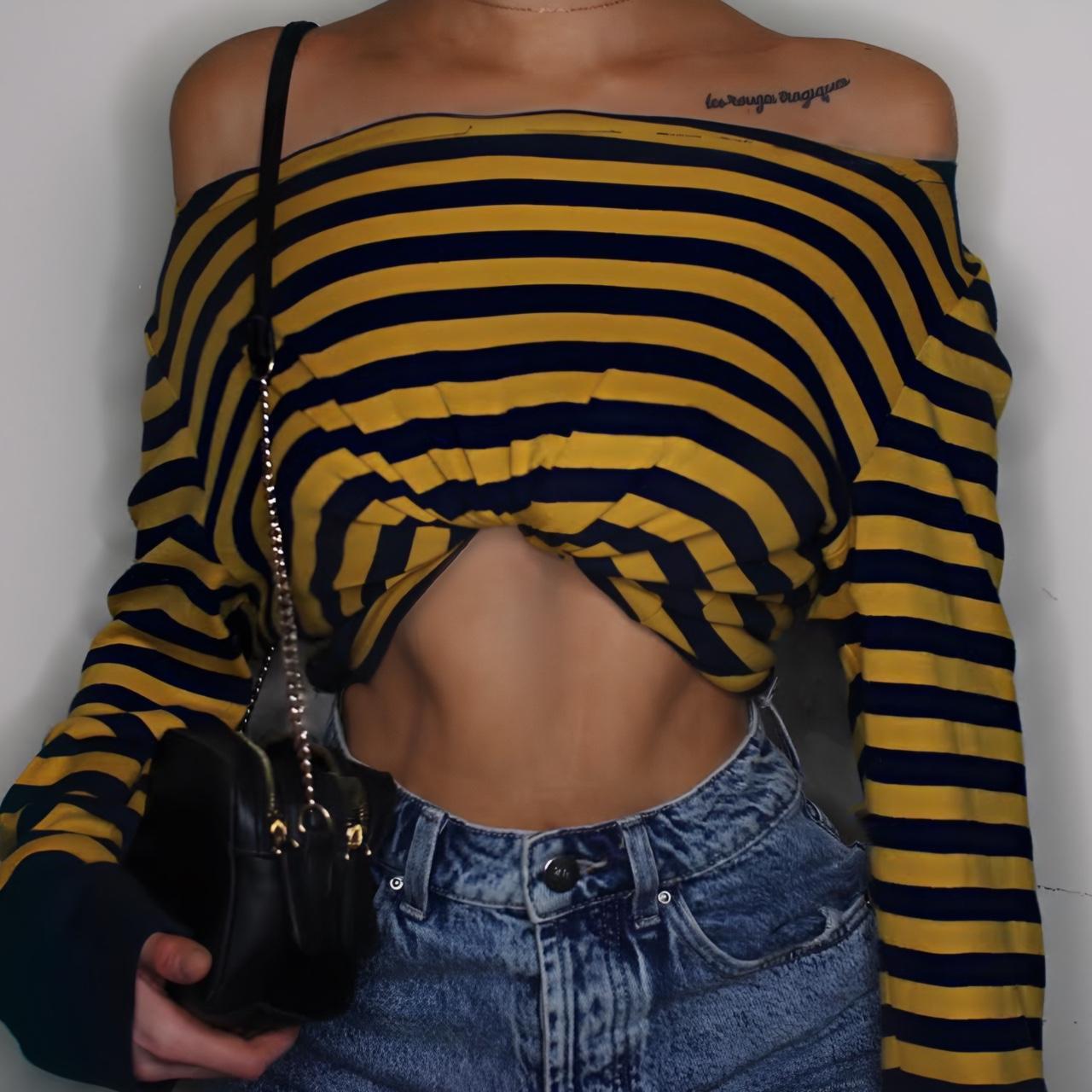 Yellow-Blue Shoulder-less Longsleeve Vibrant... - Depop