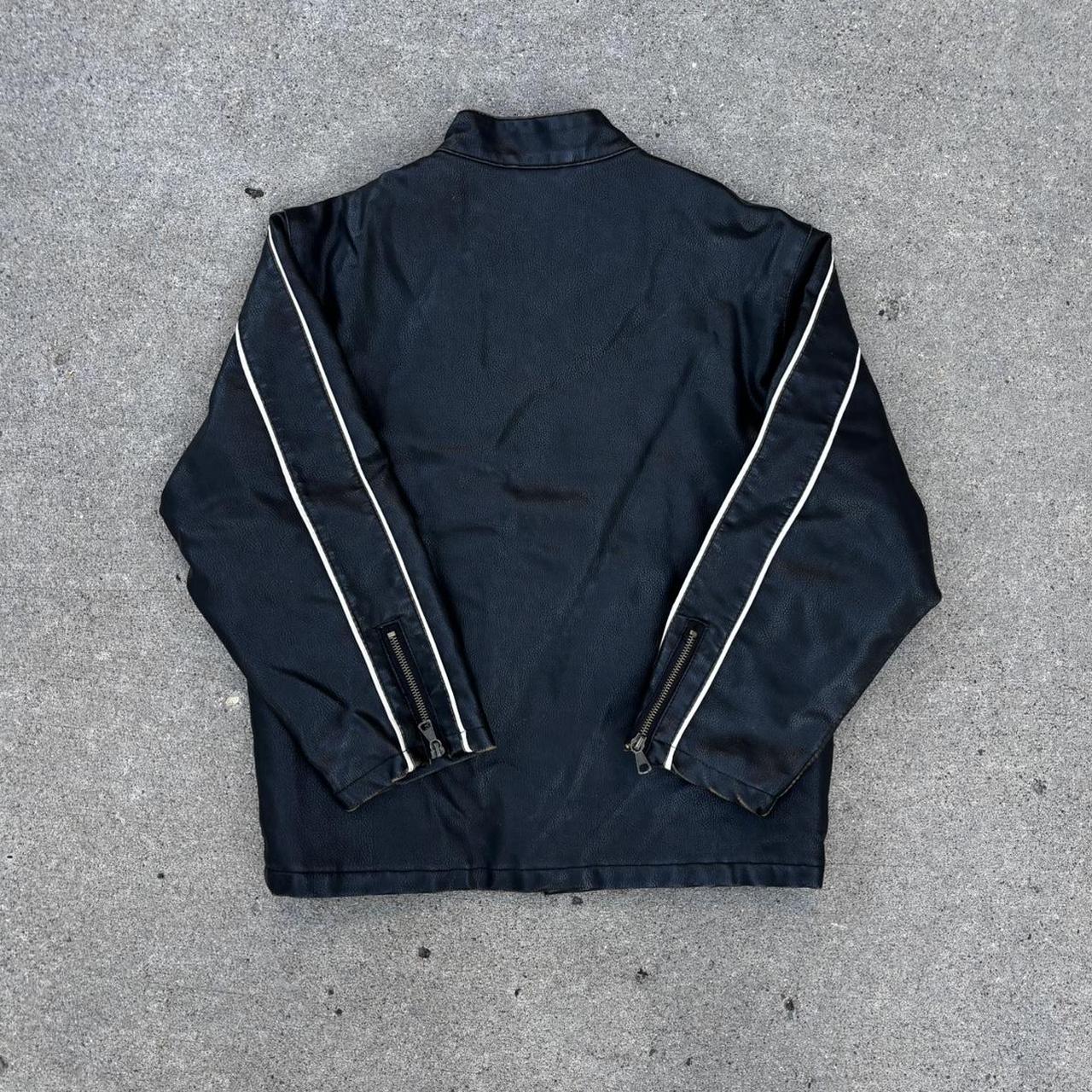 Black and white leather biker jacket with white... | Depop