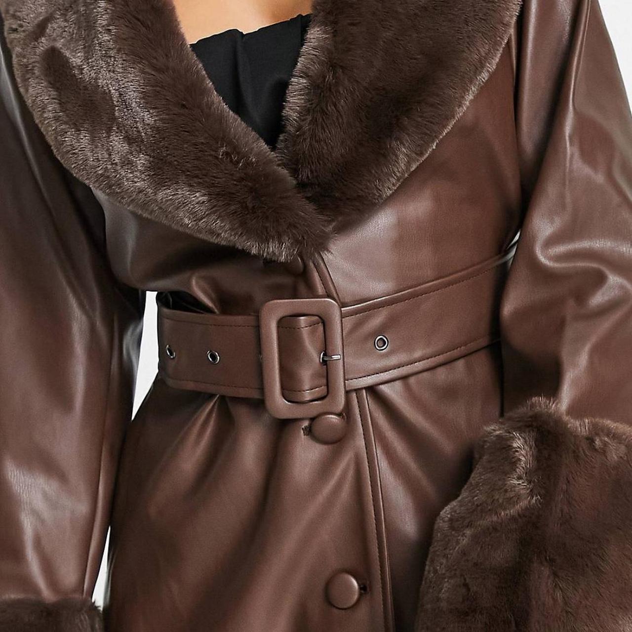 Brown Leather Fur Trench Coat #sexy #trenchcoat... - Depop