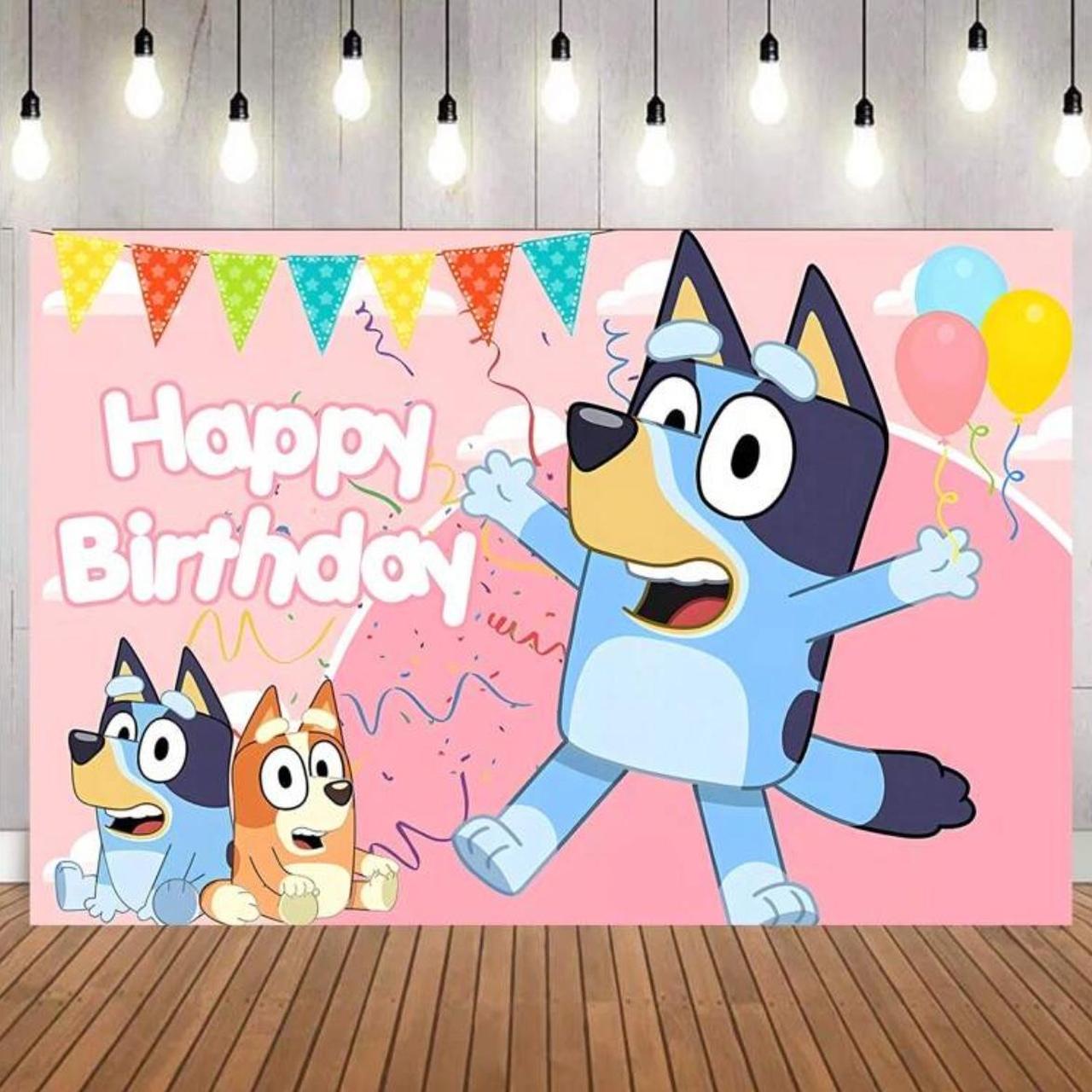 Blue and pink Bluey Happy Birthday Balloon Backdrop... - Depop