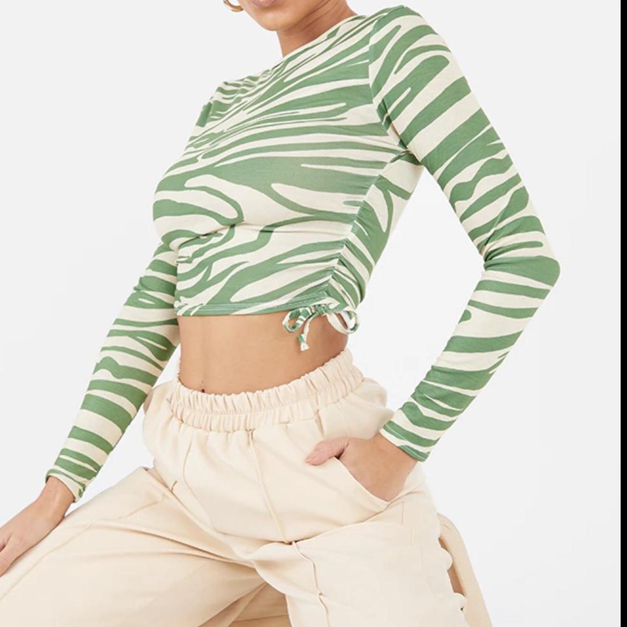 PLT Green Zebra Print Long Sleeve Crop Top Ruched... - Depop