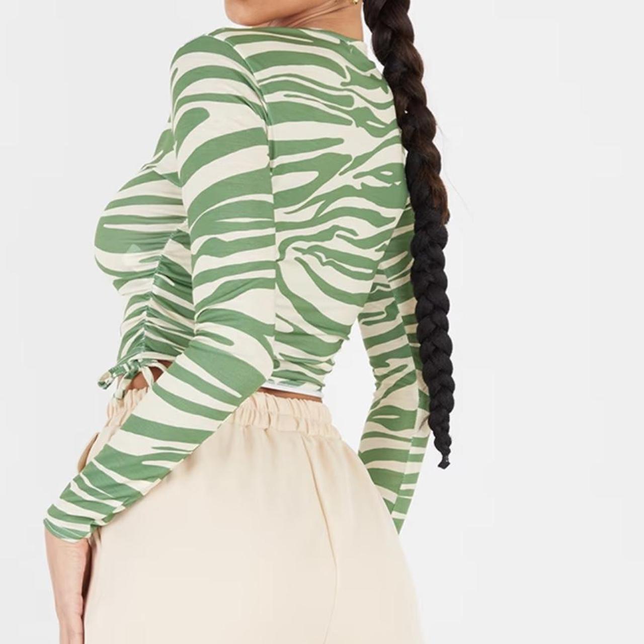 PLT Green Zebra Print Long Sleeve Crop Top Ruched... - Depop
