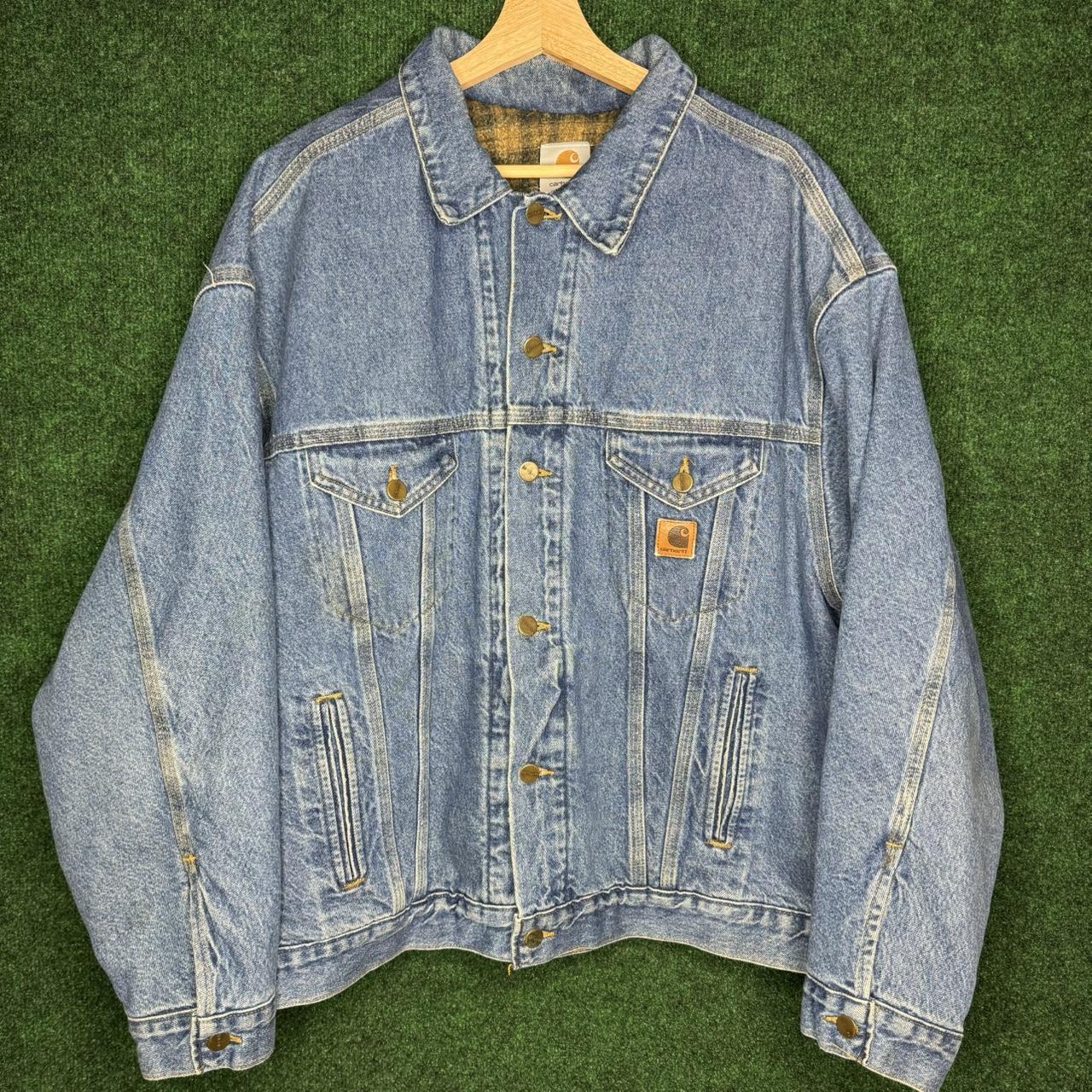 90s Carhartt Blue Denim Wool Jacket -Size XL... - Depop