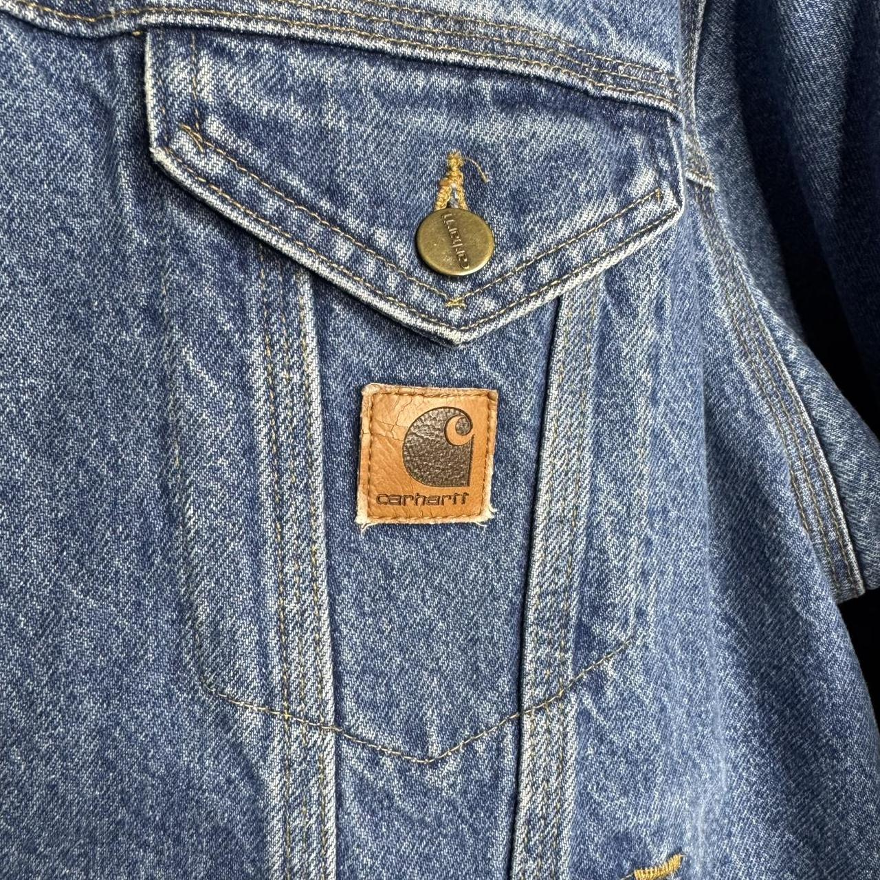 90s Carhartt Blue Denim Wool Jacket -Size XL... - Depop