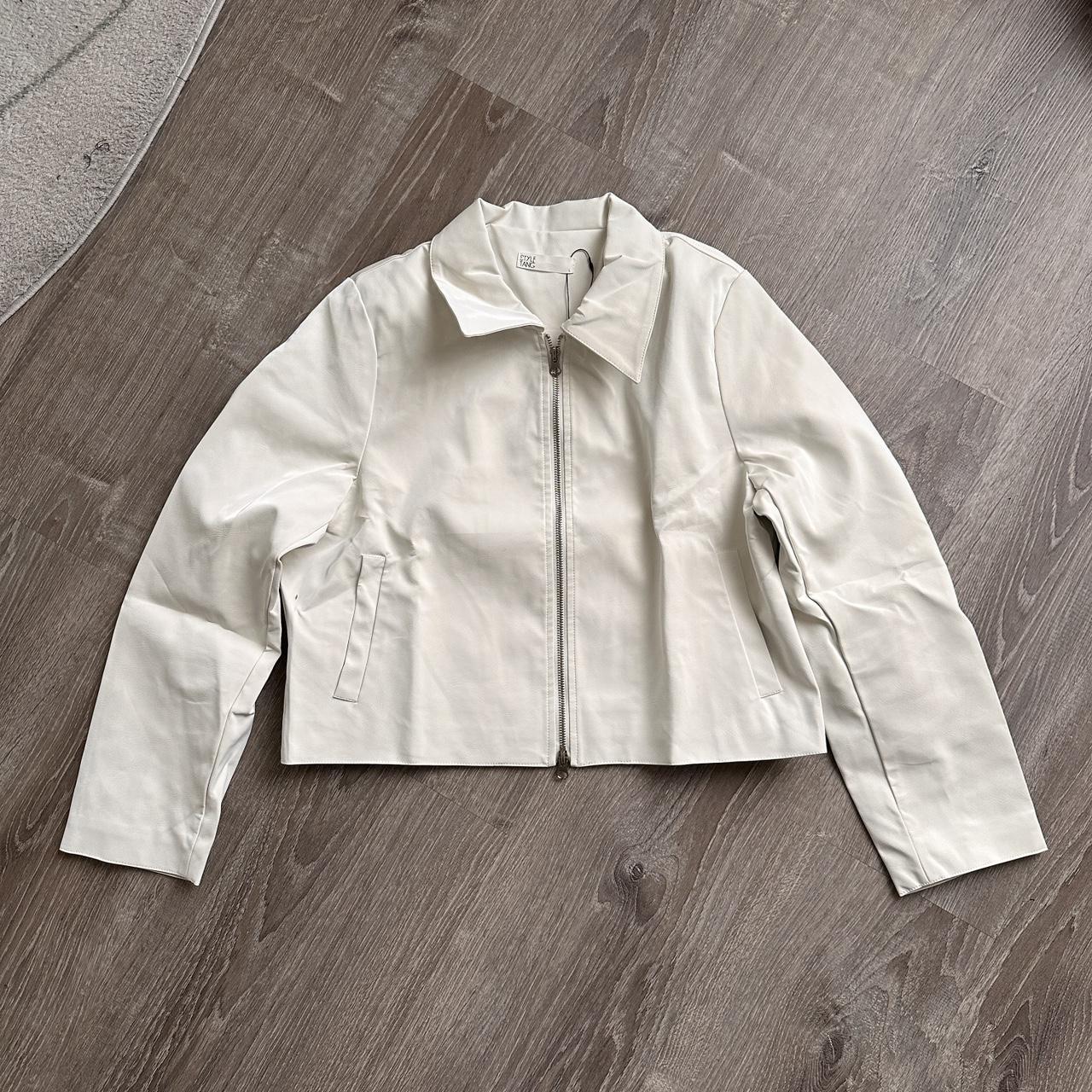 White pleather zip-up jacket Size: fits L/XL,... - Depop