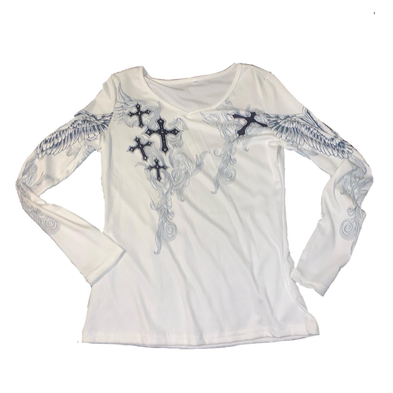 Y2K Cross White long Sleeve Tee with... - Depop