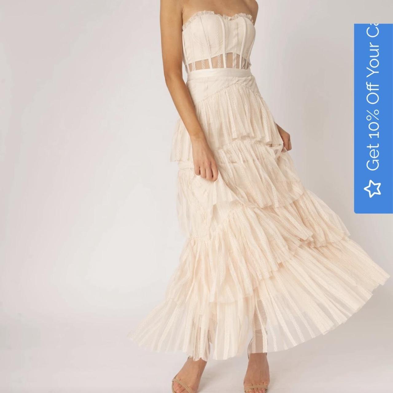 - Cream/beige tiered maxi formal dress - strapless... | Depop
