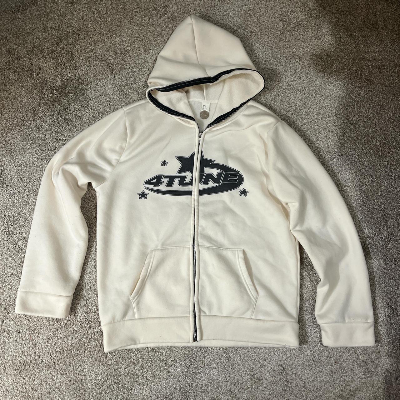 Cream and black 4tune zip up hoodie - Depop