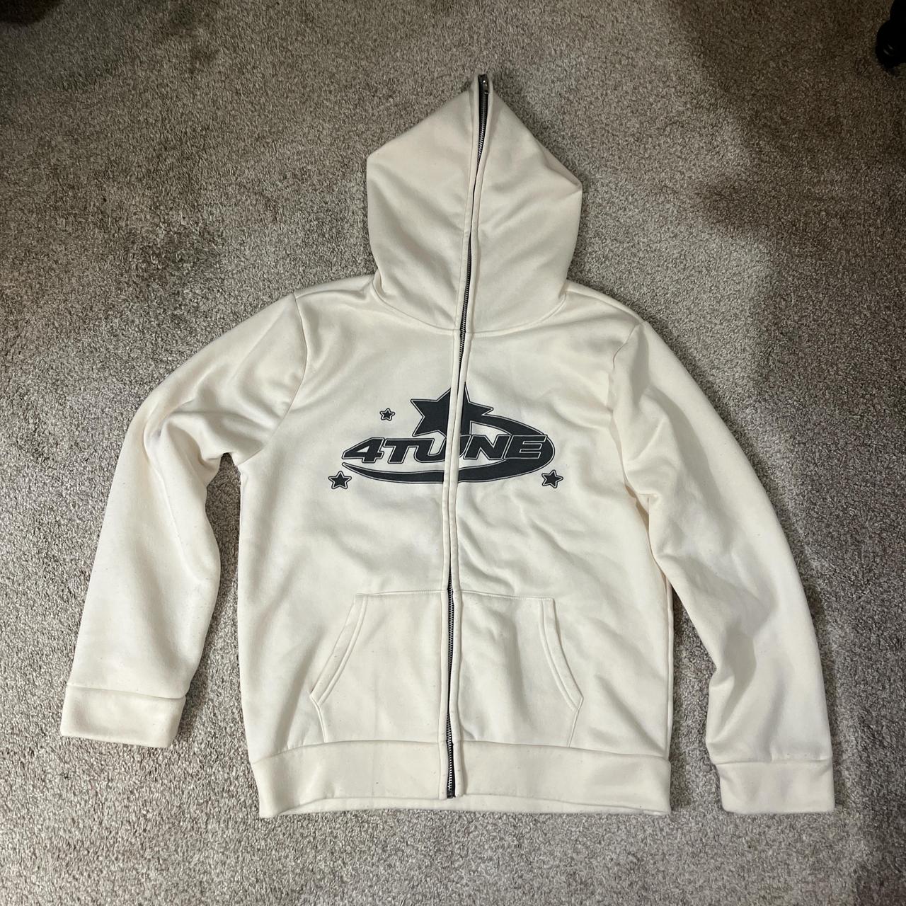 Cream and black 4tune zip up hoodie - Depop