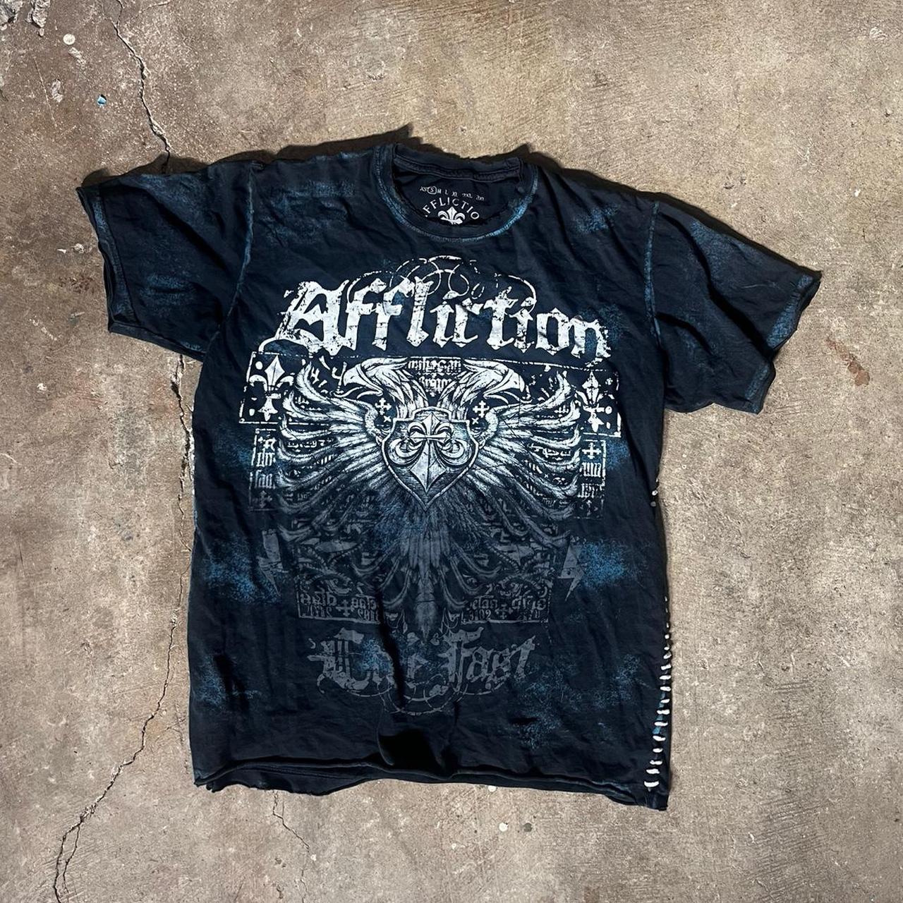 Affliction black and white grunge-inspired shirt... | Depop