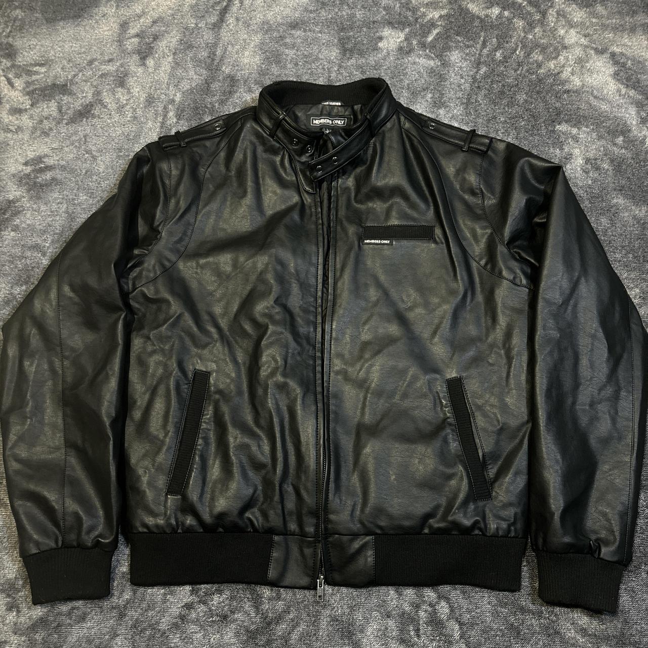 Black leather Members Only bomber jacket with a... - Depop