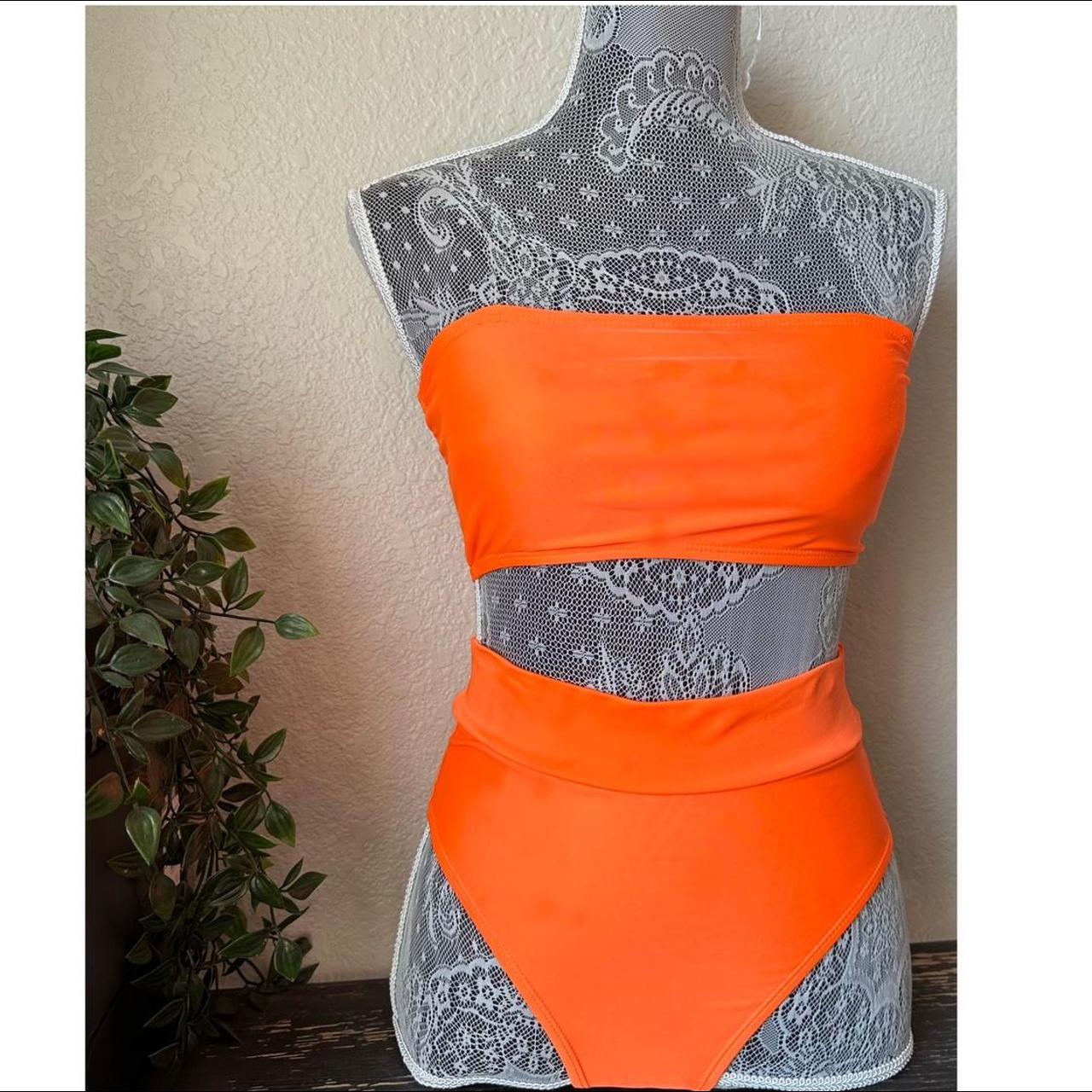 Neon orange two piece rave outfit -Made out of swim... - Depop