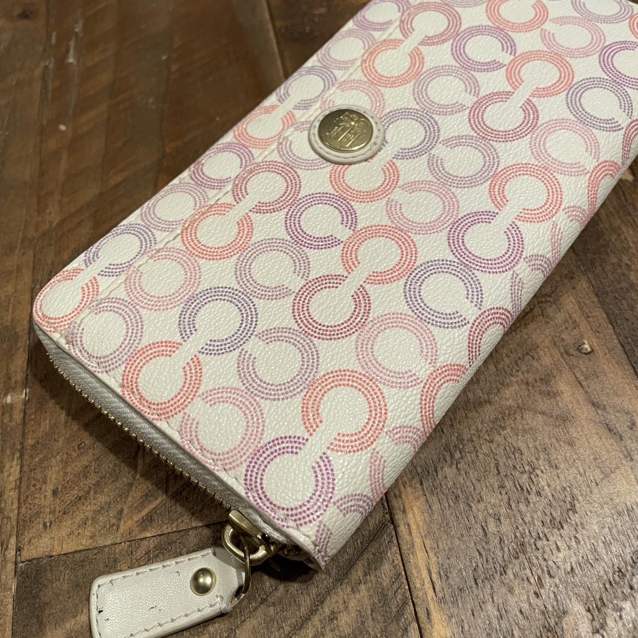 Coach Cream Pink and Purple Logo Printed Leather Zip... - Depop