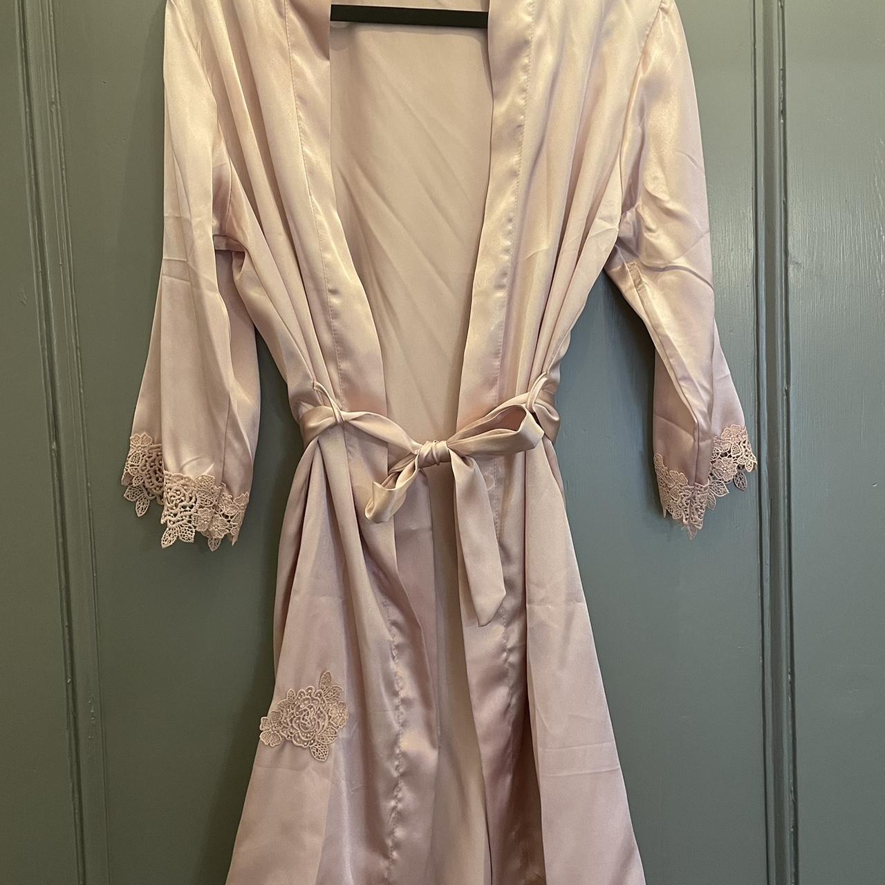 Pink satin pyjama set. Lace detailing. Short robe,... - Depop