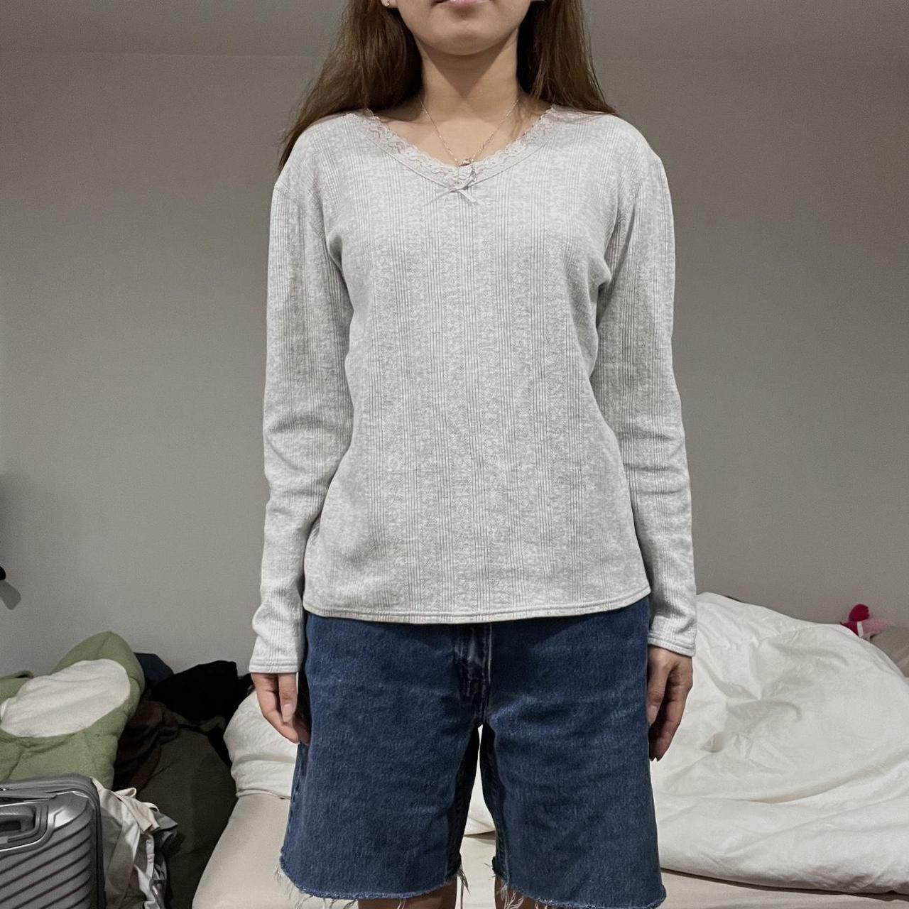 Vintage Ribbed Long sleeves lace top with bow... - Depop