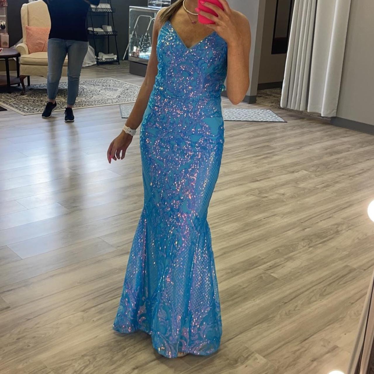 sky blue iridescent prom dress size 0 tie back... - Depop