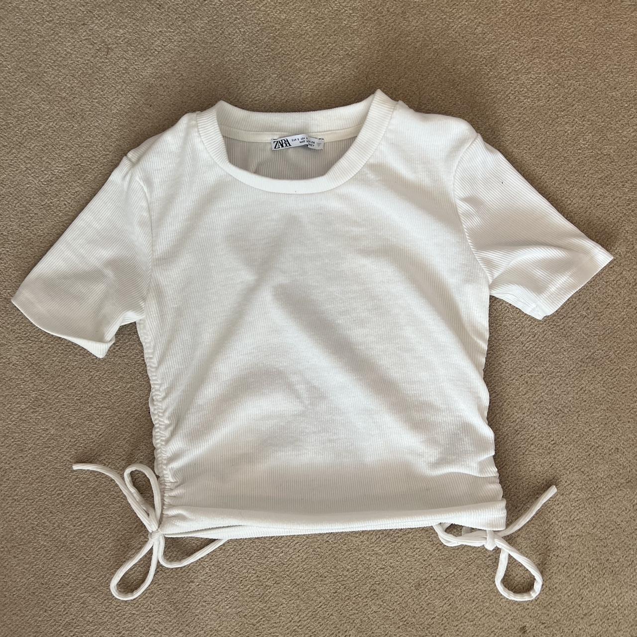 Zara drawstring tie side white crop top worn once or... - Depop