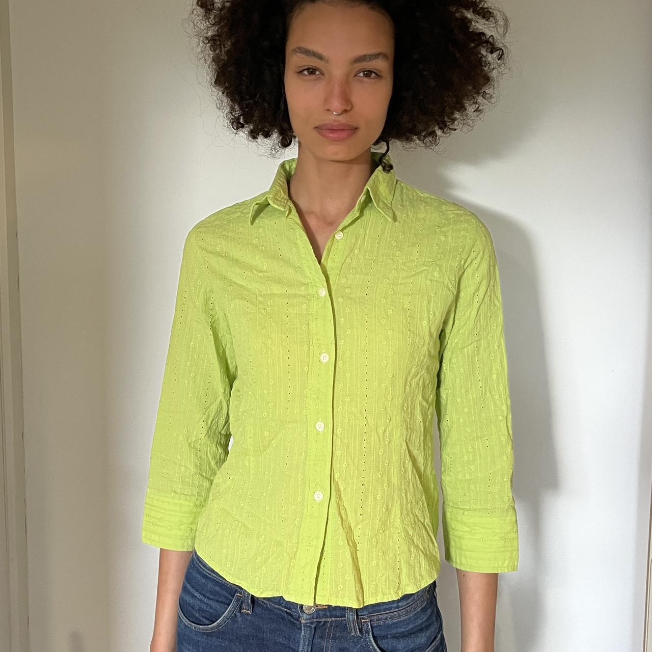 Light Green button-up shirt with a broderie-angliase... | Depop