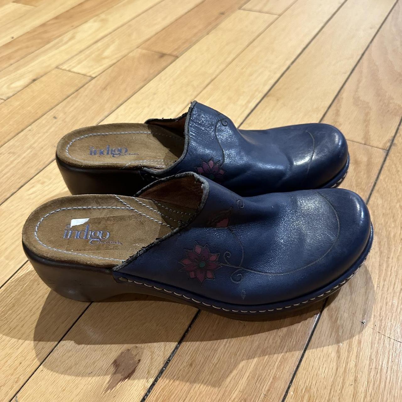 Blue leather clogs with flowers brand is Indigo By... - Depop