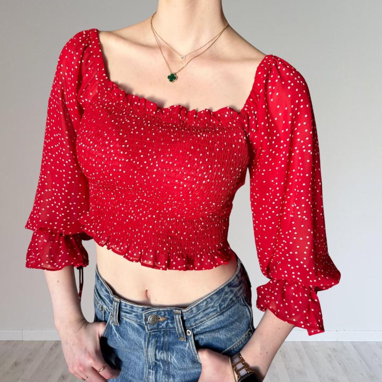 red off the shoulder polka dot blouse Brand is... - Depop