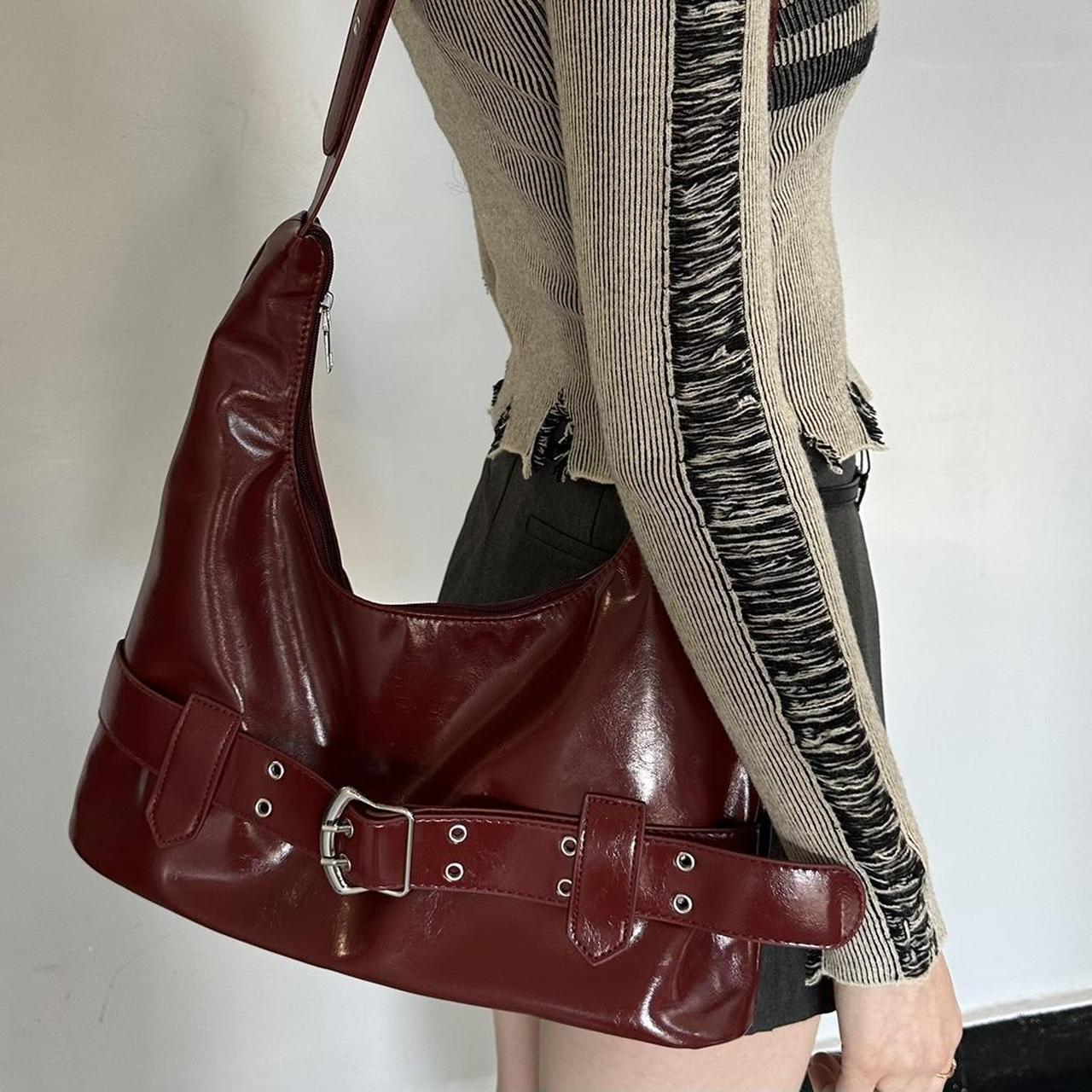 Burgundy cherry red shoulder leather purse with... - Depop