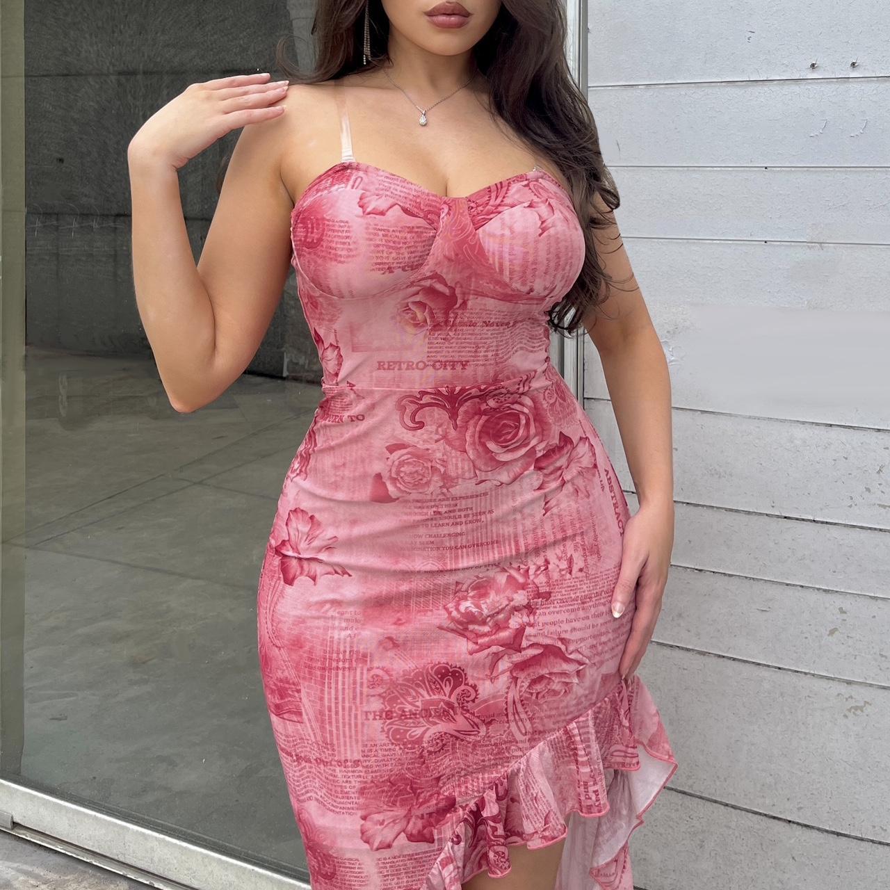 FLORAL RUFFLE DRESS - PINK adjustable straps slit... - Depop