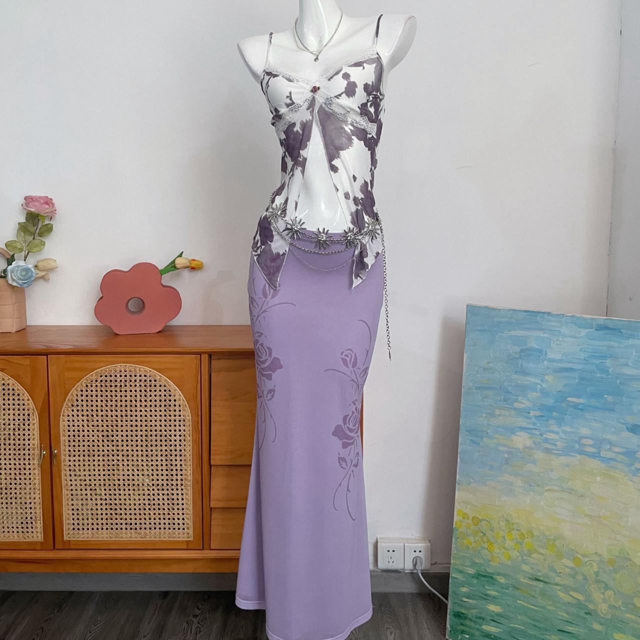 Light Purple Lace Cami and Printed Skirt Set Top... - Depop