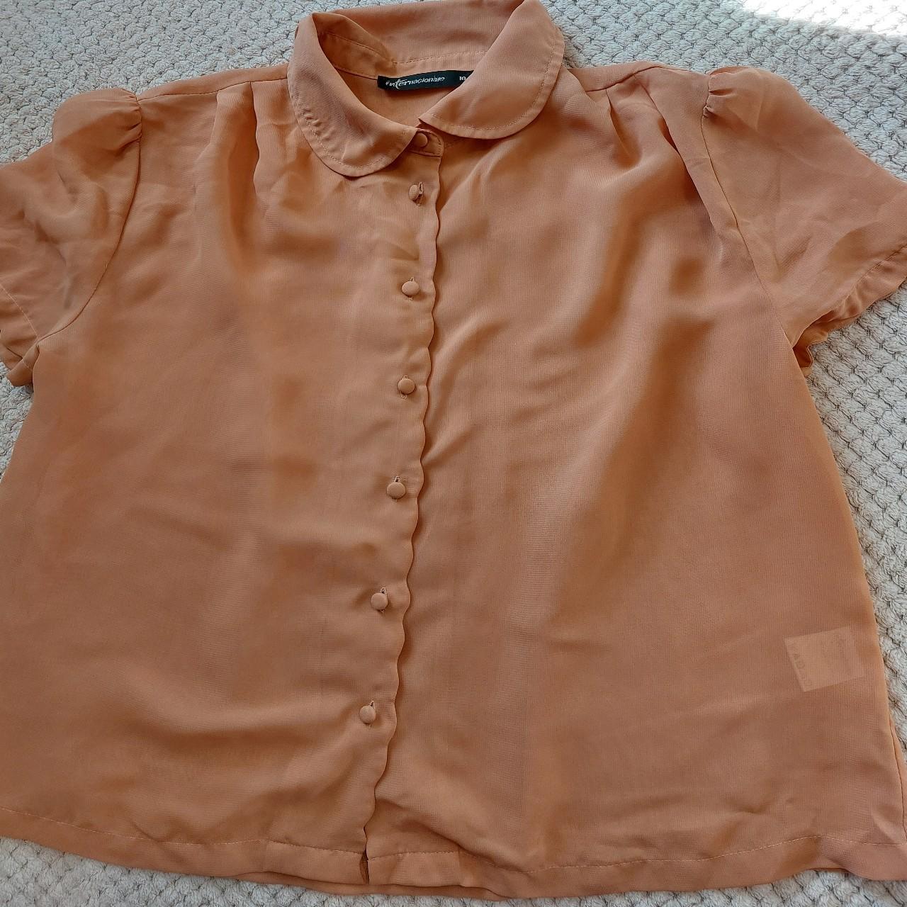 Sheer beige button-up blouse Size 10 Slightly... - Depop