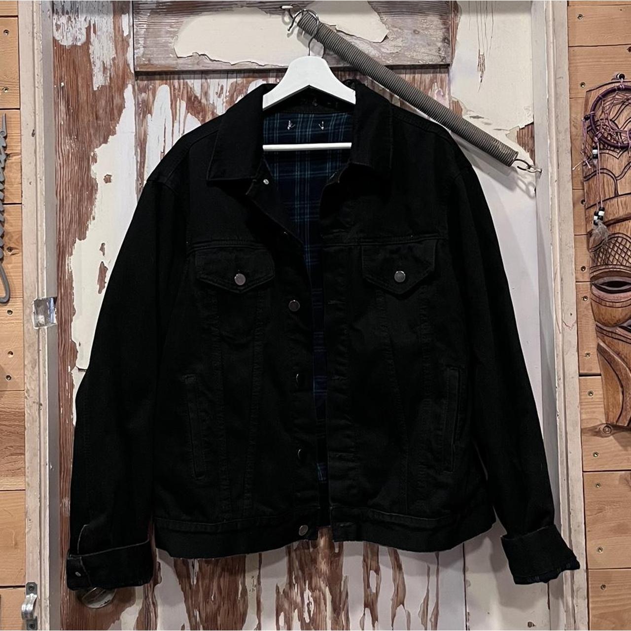 Black Denim Jacket with Flannel Material inside... - Depop