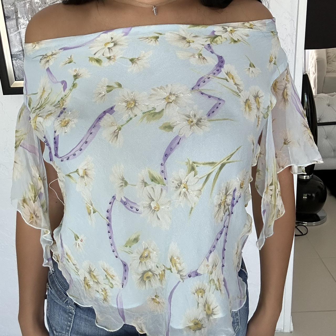 90’s baby blue floral flowy sleeve sparkly silk... - Depop